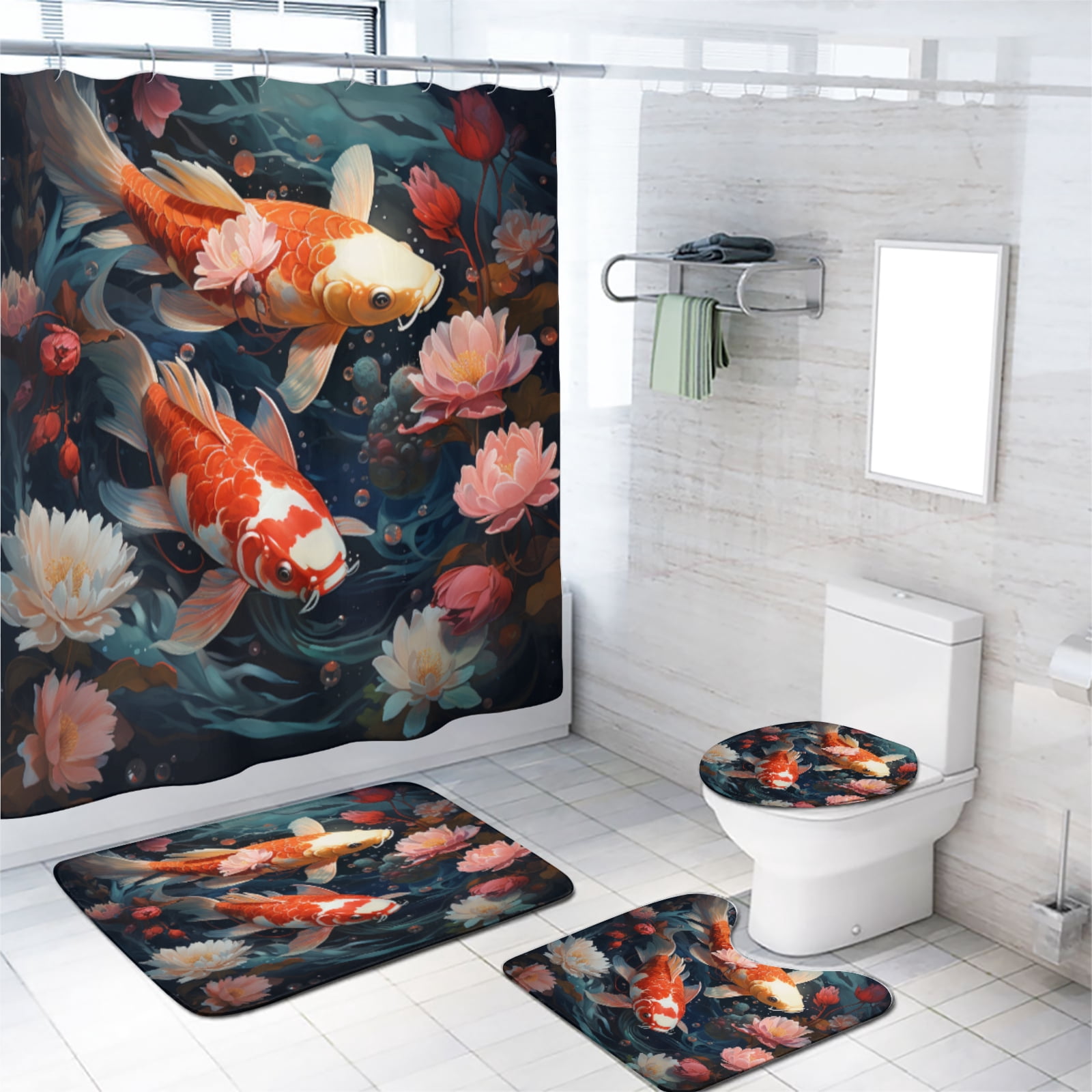 Koi Fish Shower Curtain Set Watercolor Flower Water Asian Decor Style ...