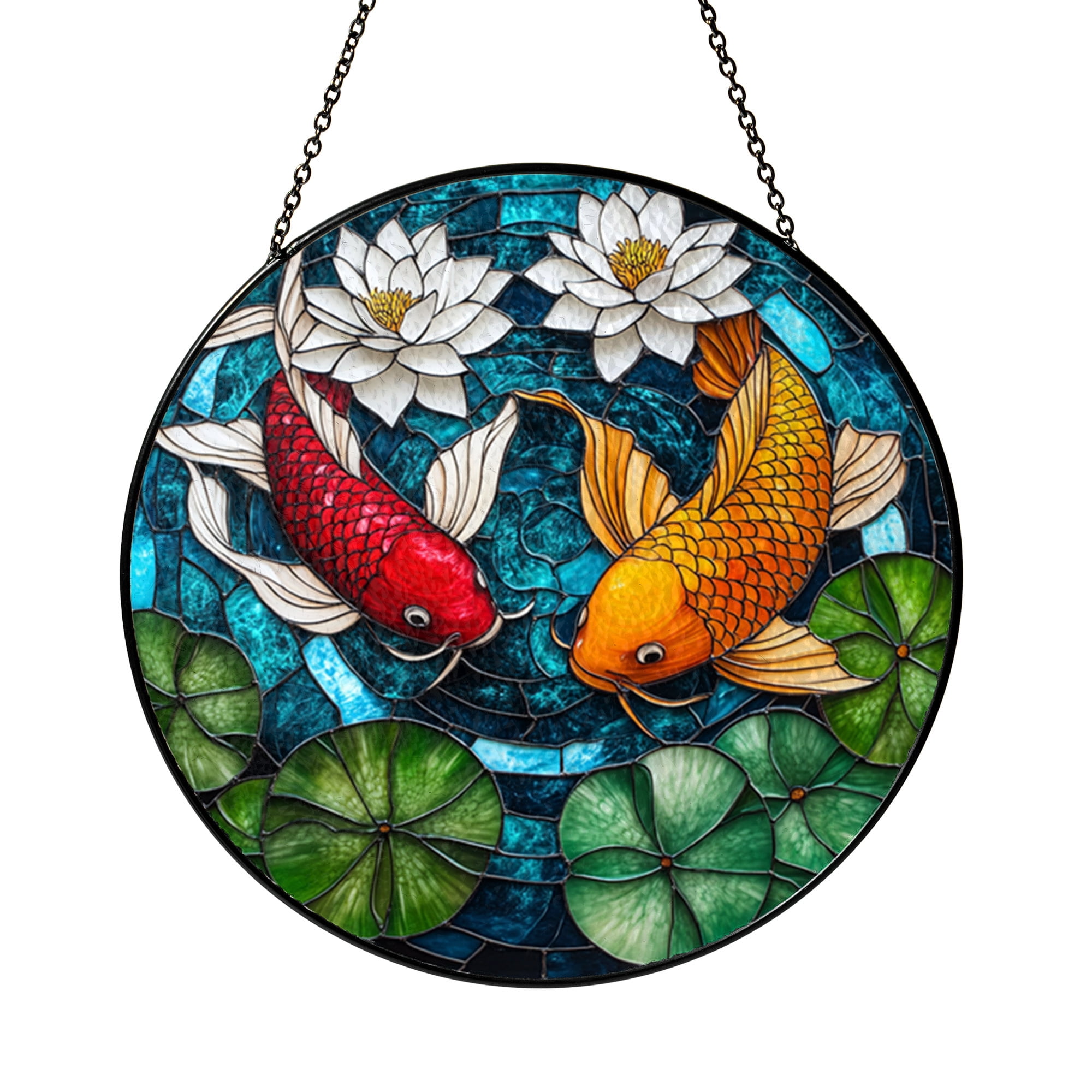 Koi Fish Stained Glass Style Suncatcher Window Hanging, Water Lily Pond ...
