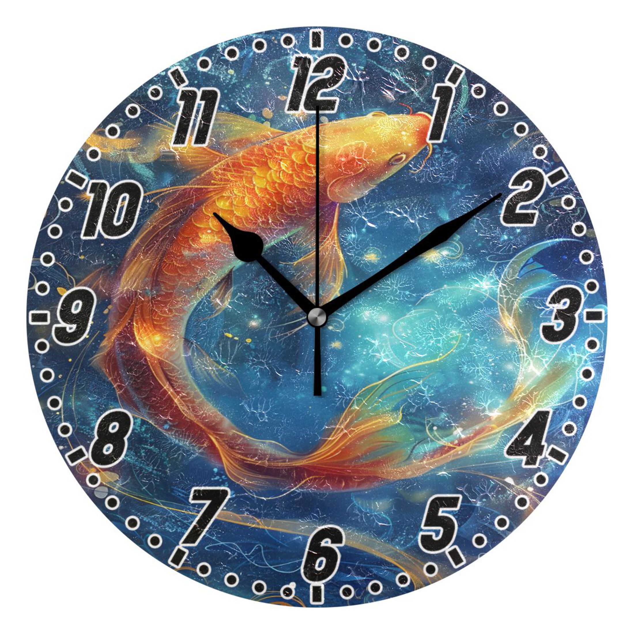 Koi Fish Swimming Round Wall Clock Battery Operated Silent Non-Ticking ...