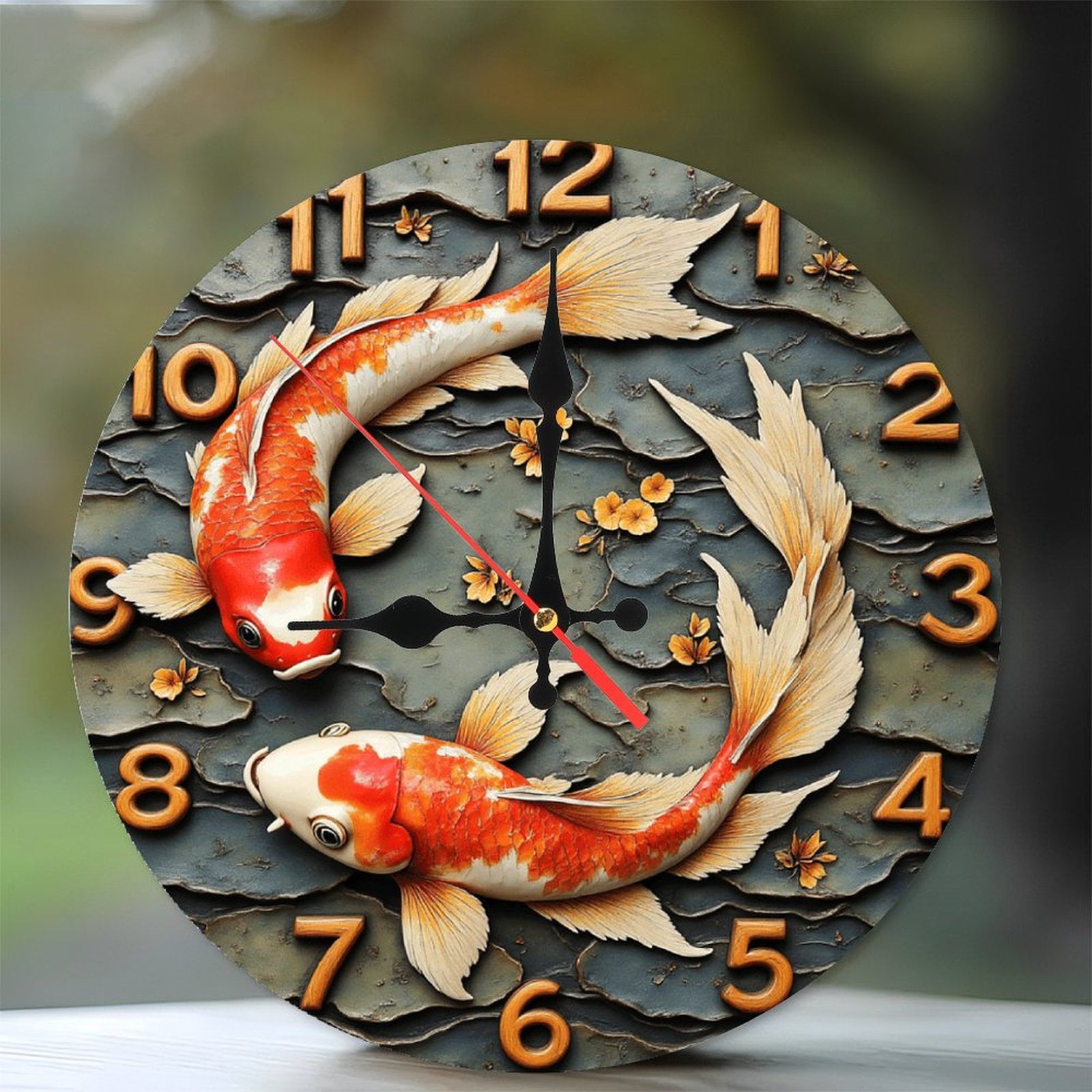 Koi Fish Wall Clock Art Home Decor Unique Design 10-Inch Silent Wooden ...