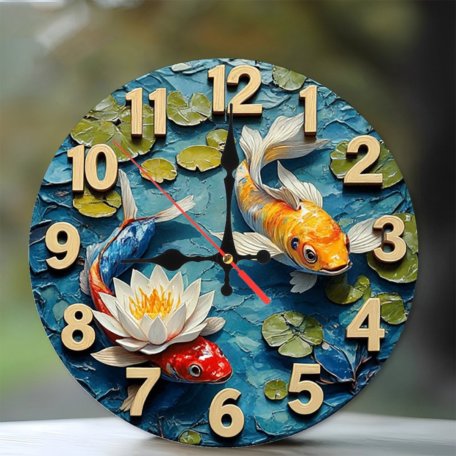 Koi Fish Wall Clock Lily Pads Water Pond Decor 10-Inch Silent Wooden ...