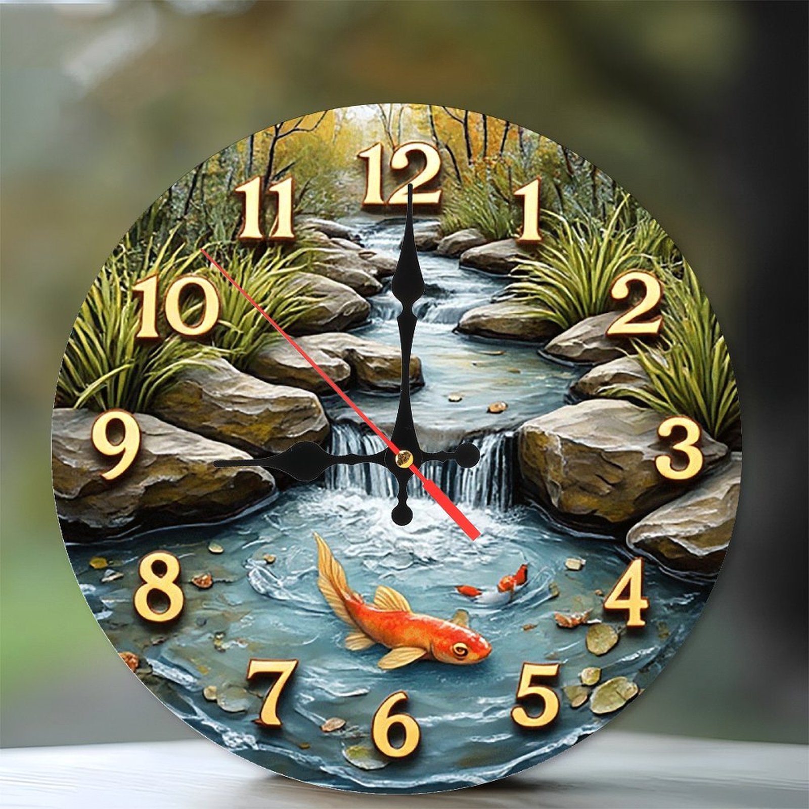 Koi Fish Waterfall Wall Clock 10-Inch Silent Wooden Wall Clock, Battery ...