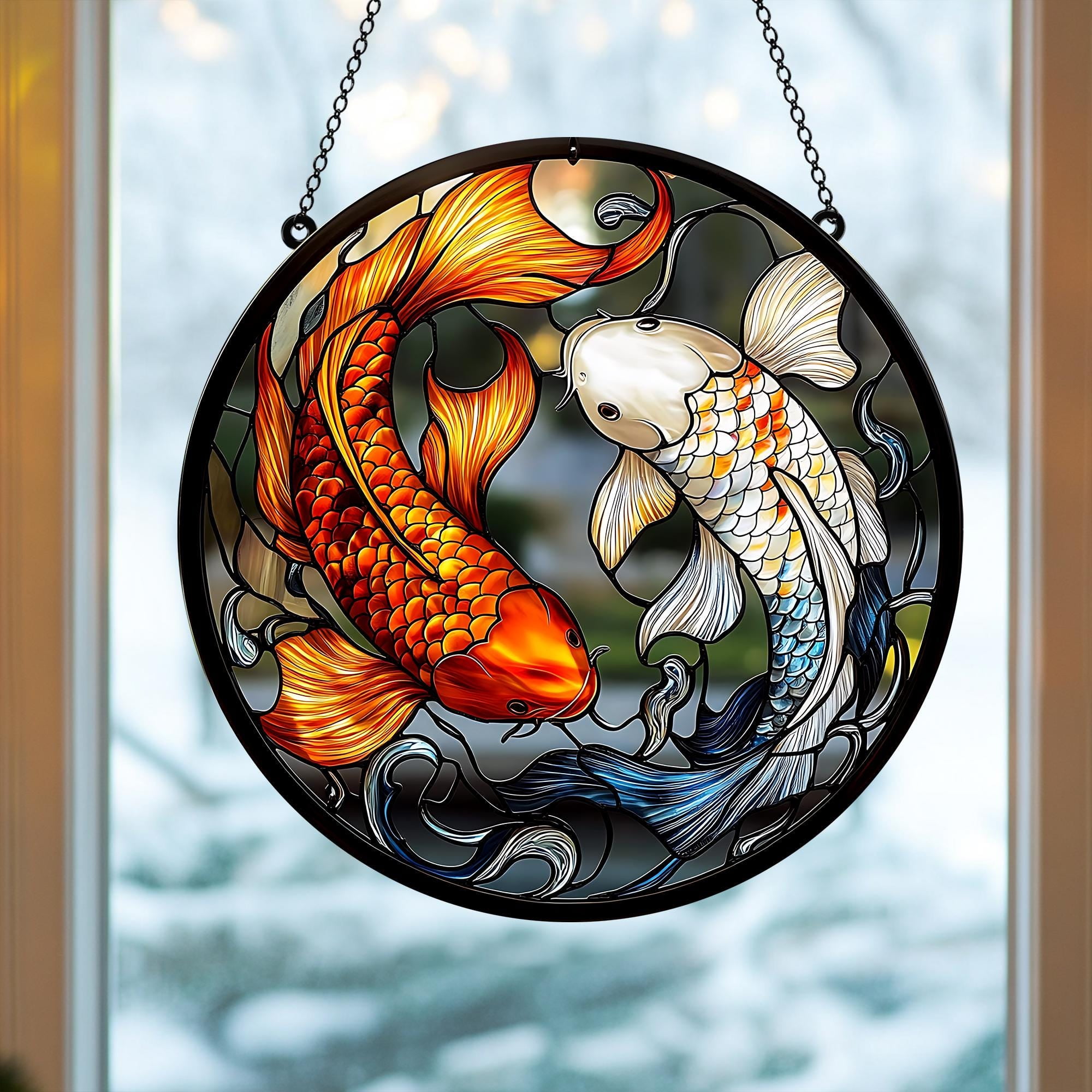 Koi Fish Yin Yang Faux Stained Glass Suncatcher, Modern Japanese Zen ...