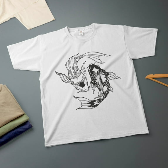 Koi Fish Yin Yang Line Art Tee, Japanese Koi Tattoo Style Illustration, Balance Symbol Design ...