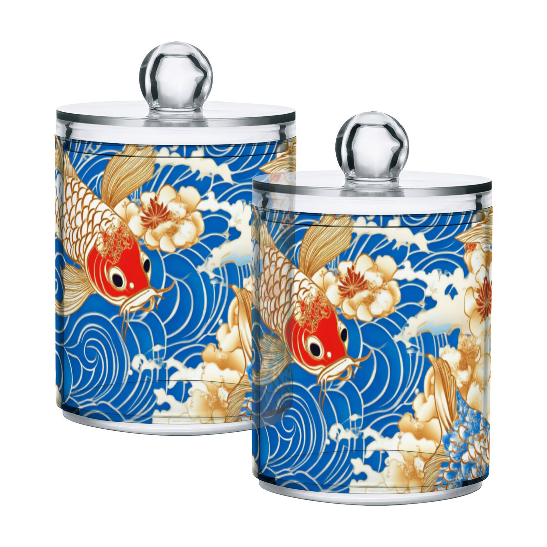 Koi Fish and Flowers Cotton Swabs Cans Translucent Plastic Canisters ...