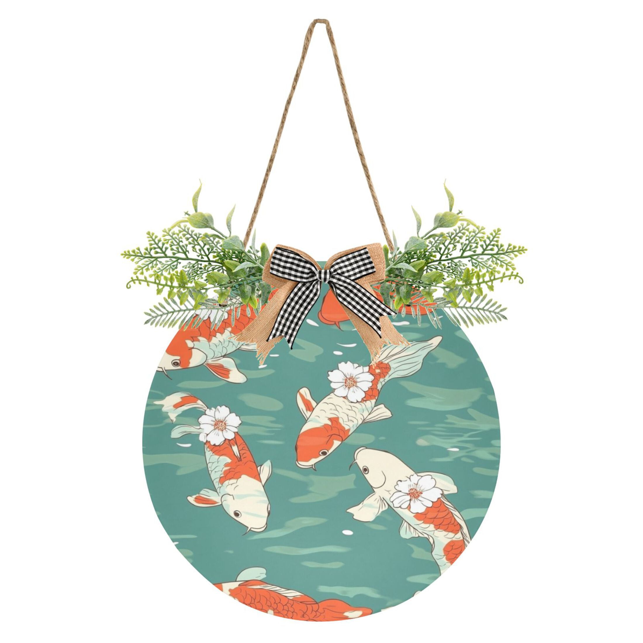 Koi Fish with Flowers Front Door Porch Decoration Hanging Sign with ...