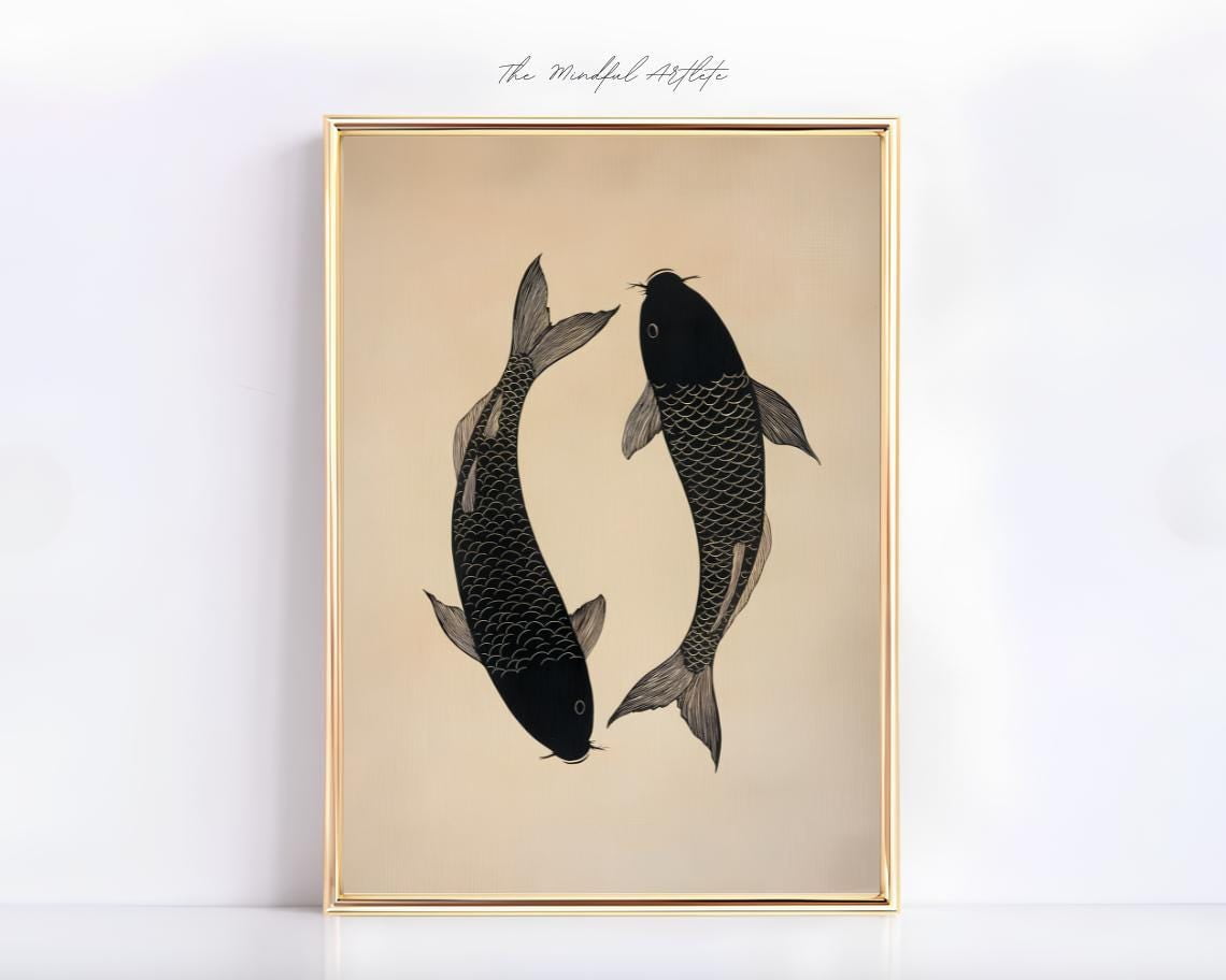 Koi Print Vintage Black Koi Poster Linocut Print Retro Fish Print ...