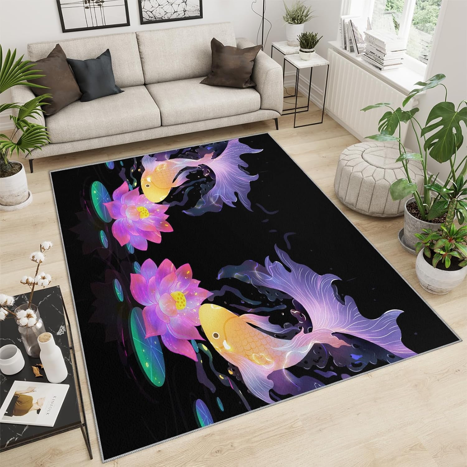 Koi Rugs For Bedroom Neon Koi Fish Area Rugs Colorful Lotus Pond Fish ...