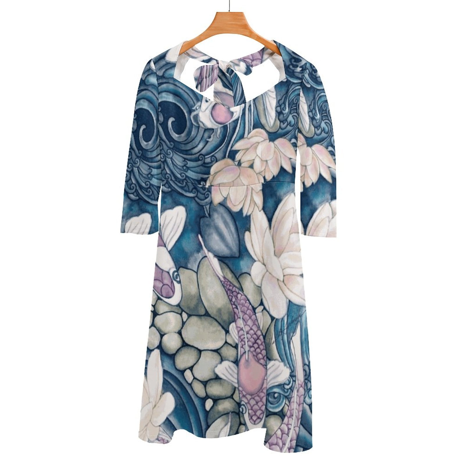 Koi Water Garden Back Lacing Backless Dress Square Neck Dress Sweet ...