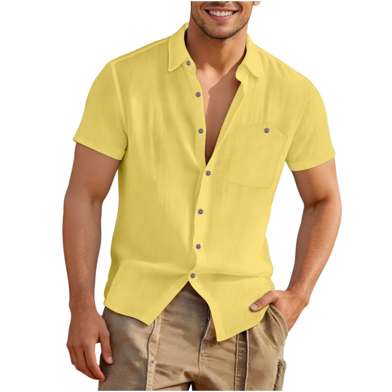 Kojanyu Men's Solid Color Cuban Collar Short Sleeve Shirt – Linen-Look ...