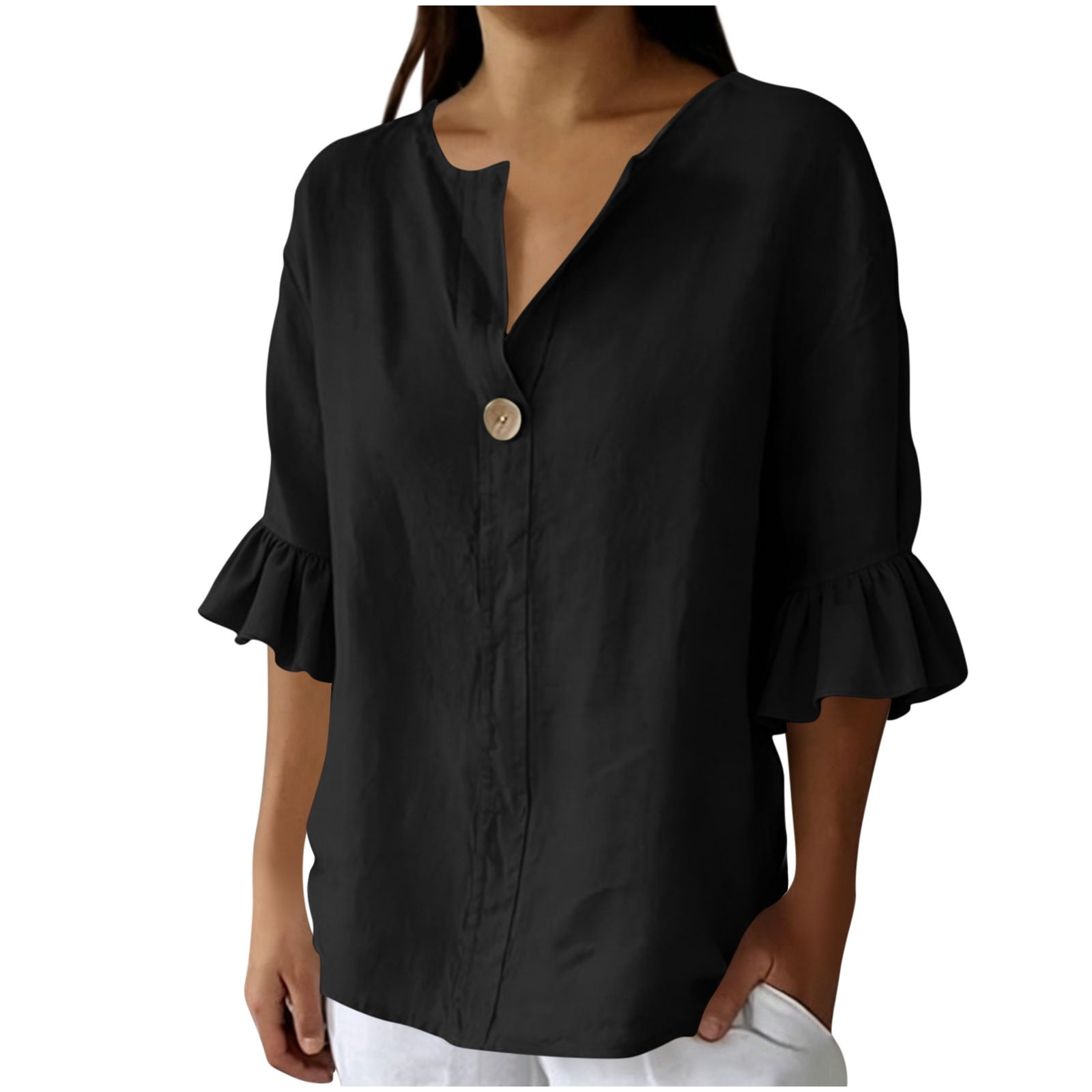 Kojanyu Women's Cotton Linen 3/4 Sleeve V Neck Shirts with Ruffled ...