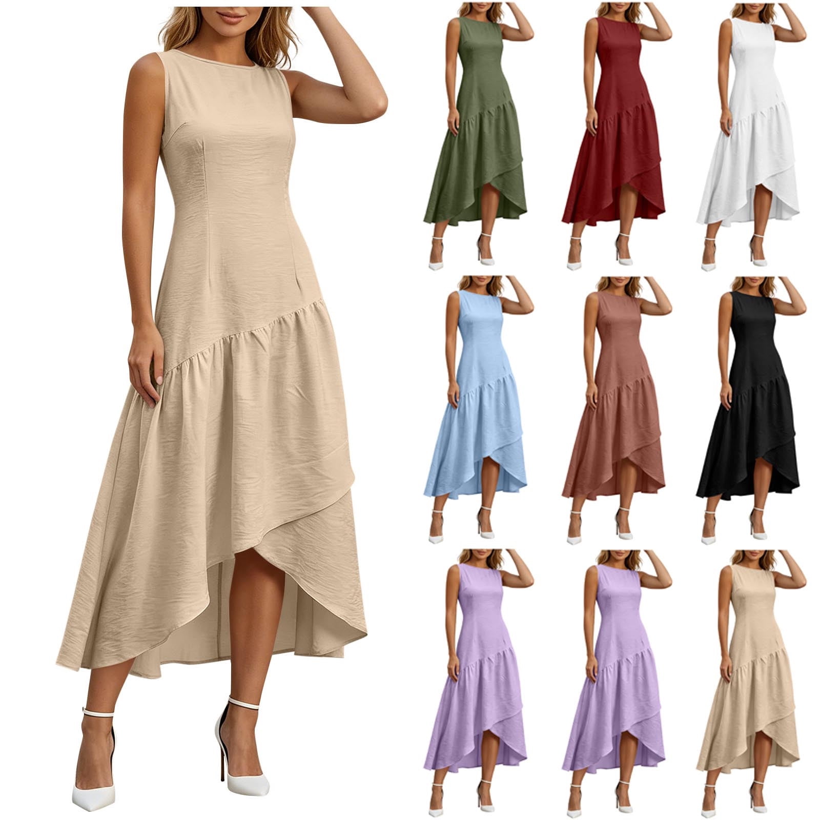 Kojanyu Women's Sleeveless Round Neck Waist Cinched A Line Maxi Dresses ...