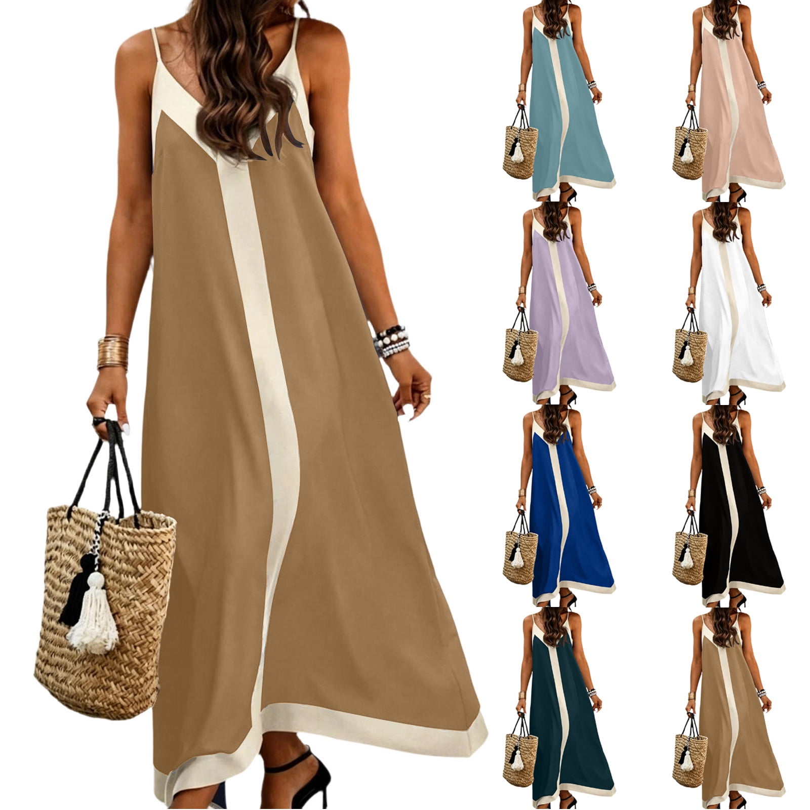 Kojanyu Women's Spaghetti Strap V Neck Wrap Lounge A-Line Maxi Dresses ...