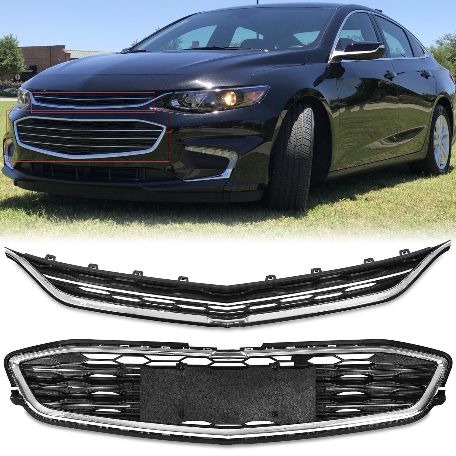 Kojem Chrome Front Bumper Upper + Lower Grill Mesh Grille Assembly for ...