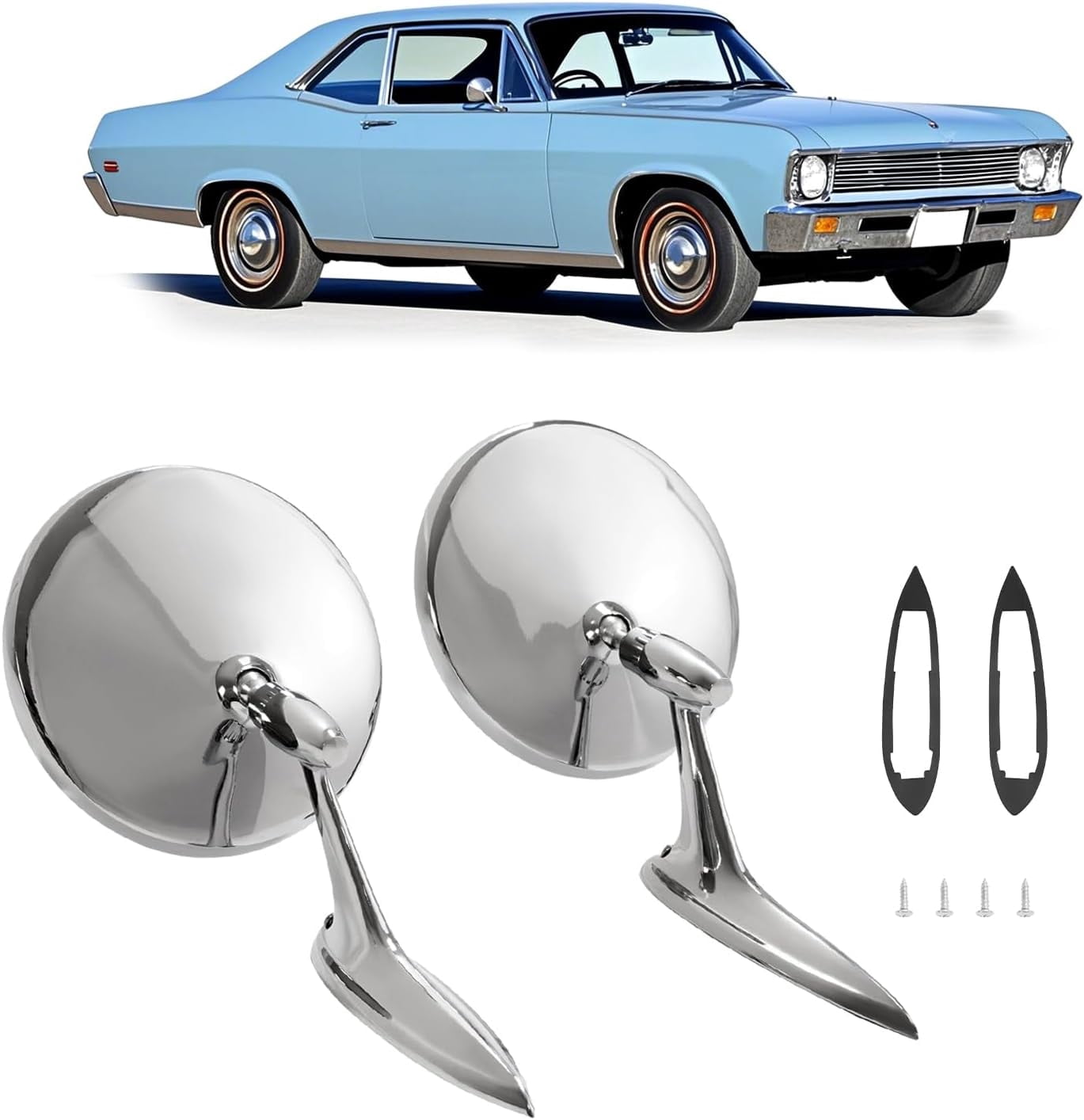 Kojem Side Mirrors Chrome Round Outside Ribbed Base for 1963 1964 1965 ...