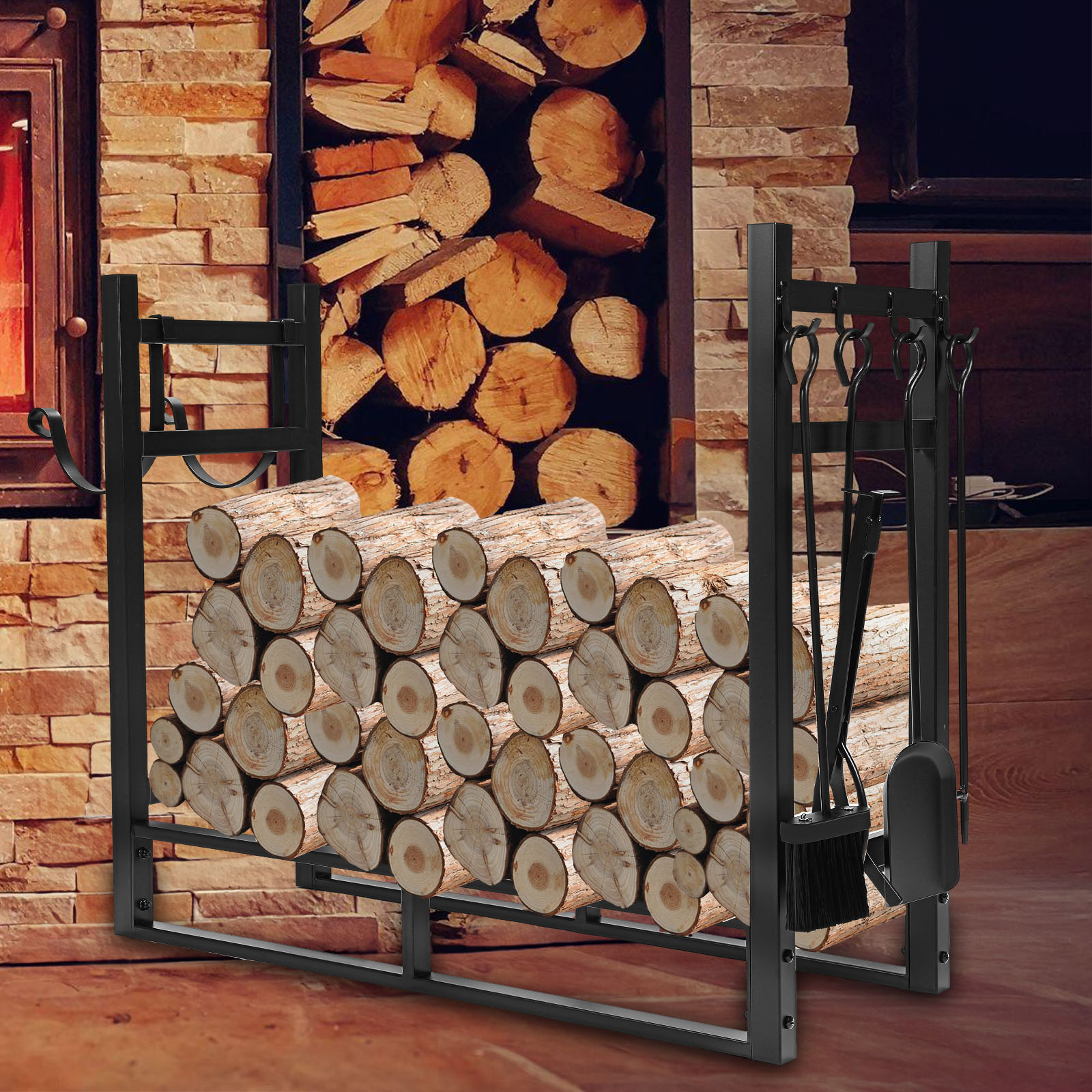 Firewood Log Cart Carrier - Outdoor or Indoor Black Steel Wood Rack ...