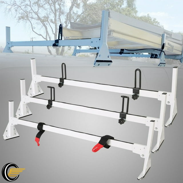 Kojem Universal Full Size Van Ladder Roof Rack, White Steel 3-Bar Cross ...
