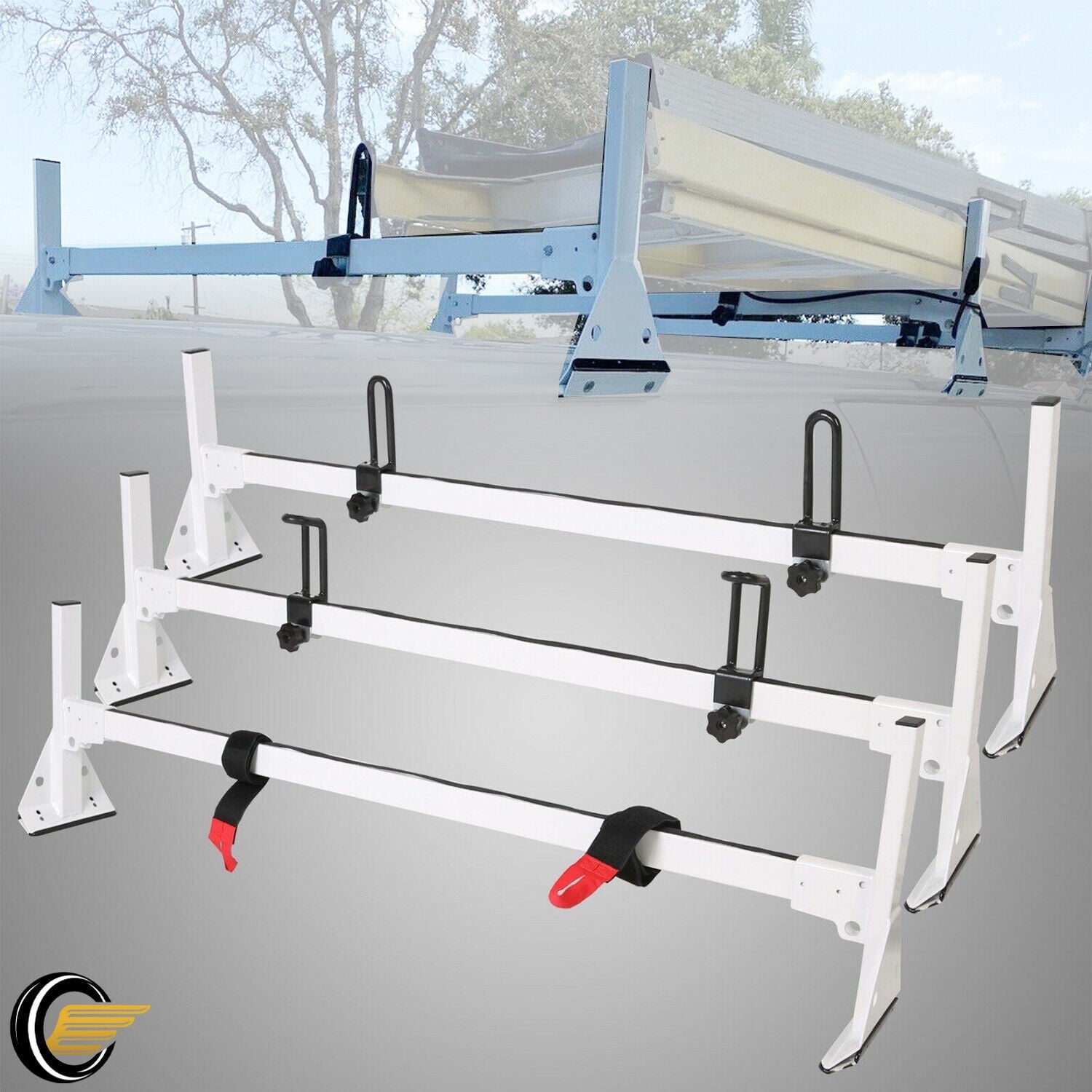 Kojem Universal Full Size Van Ladder Roof Rack, White Steel 3-Bar Cross ...