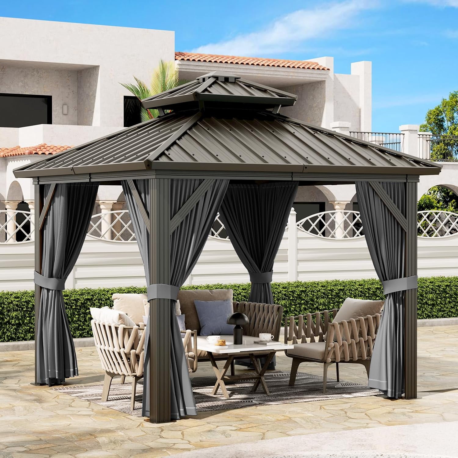 Kojooin 10x10ft Gazebo, Hardtop Double Roof Canopy with Netting and ...
