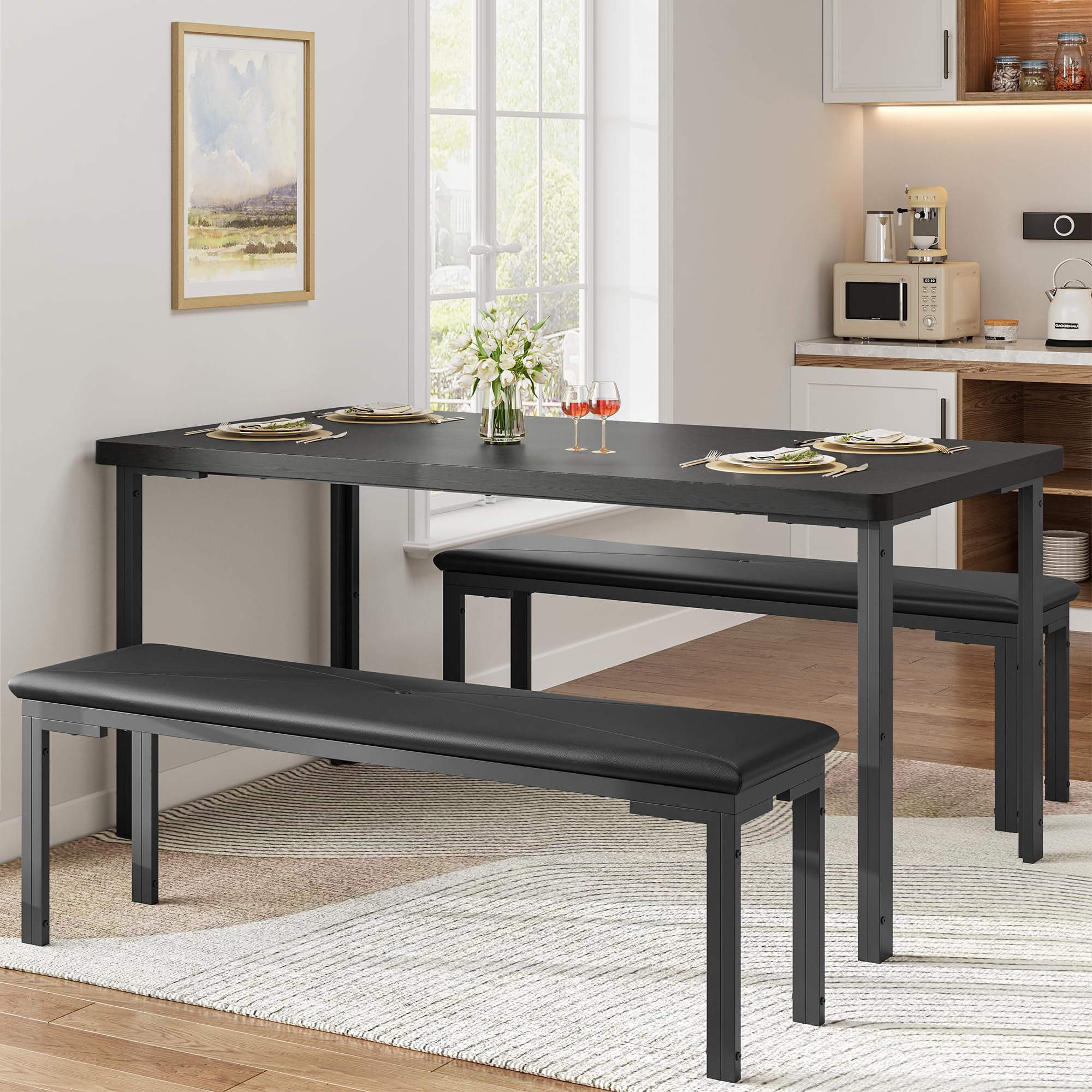 Kojooin 3-Piece Modern Dining Room Table Set for 4, Rectangular, Gray ...