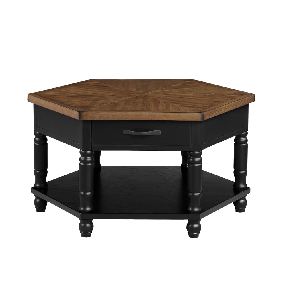 Kojooin 36'' Hexagonal Coffee Tables, 2 Tier Solid Wood Coffee Table With Storage Drawer, Retro ...