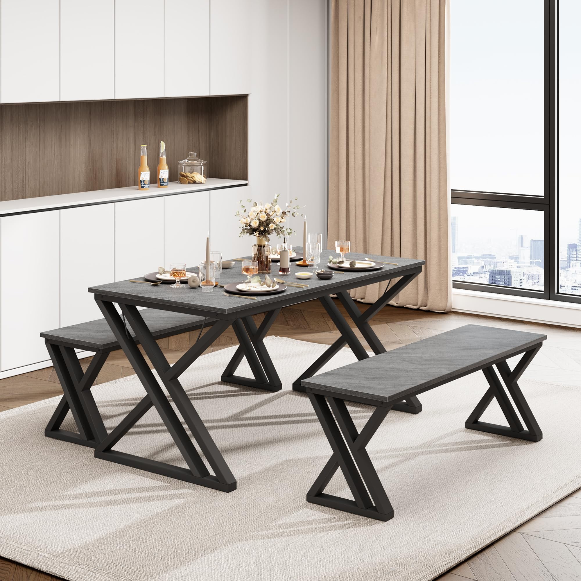 Kojooin 4-Piece Dining Table Set with Benches – Space-Saving ...