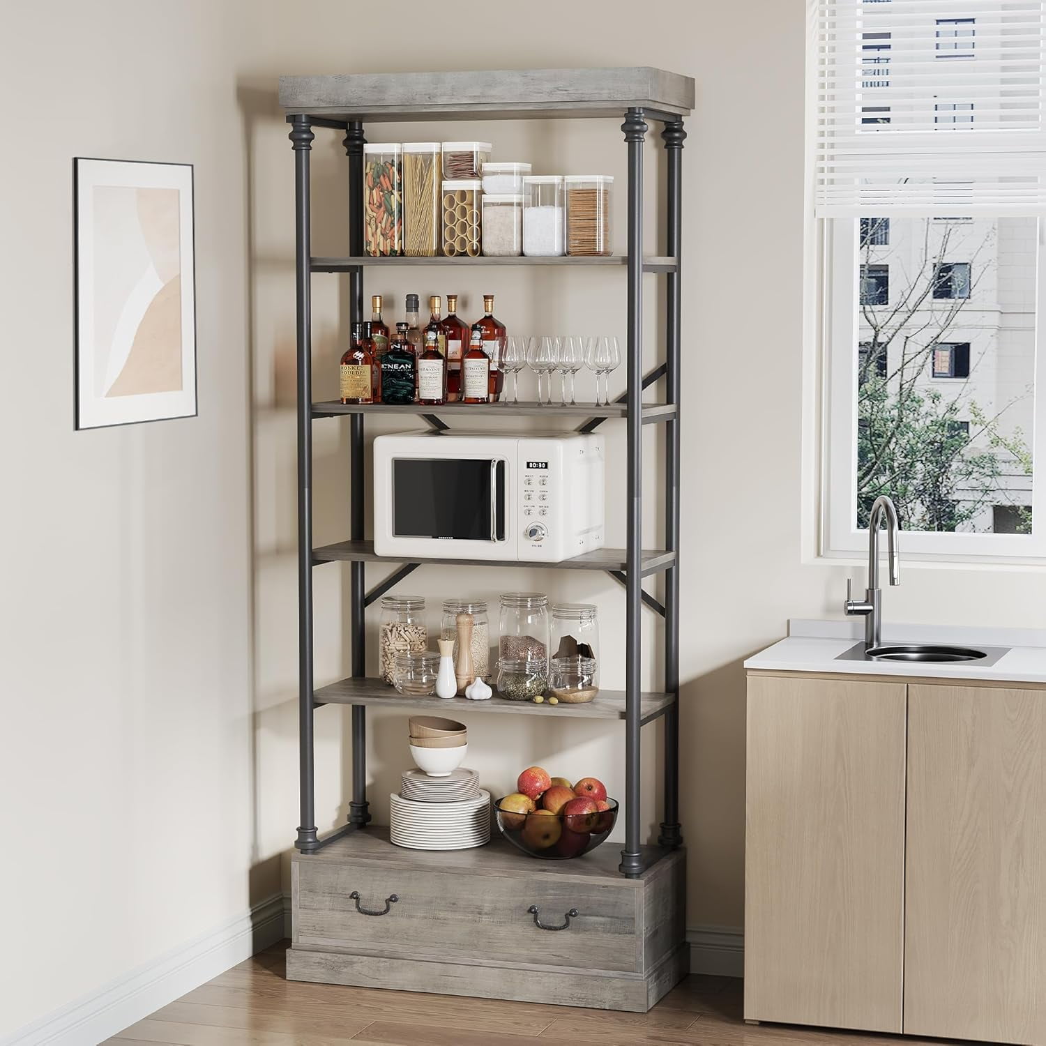 Kojooin 5 Tier Bookshelf with Drawers, Bookshelves Vintage Bookshelf ...