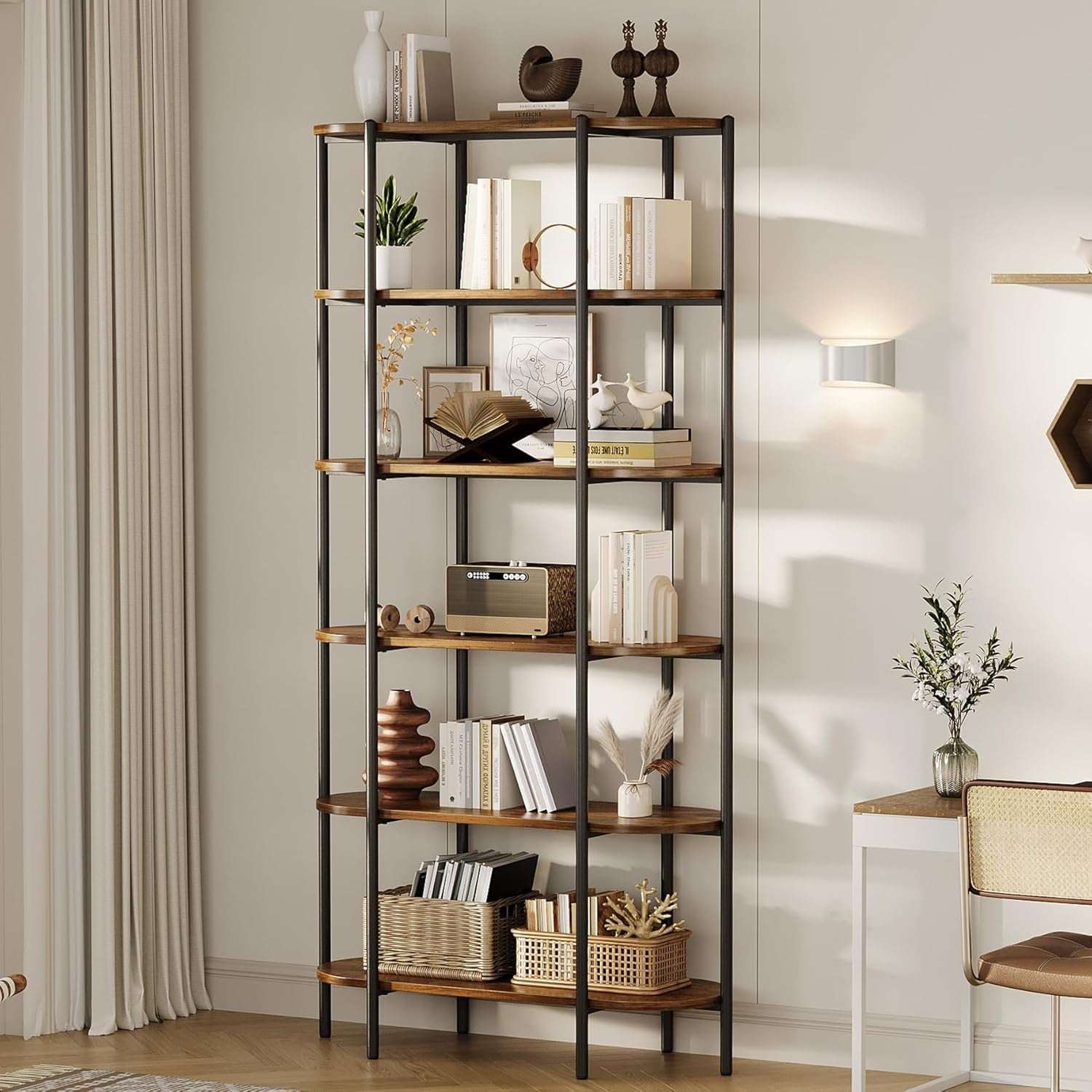 Kojooin 6 Tier Bookshelf - Tall Bookcase Oval Vintage Bookshelf ...