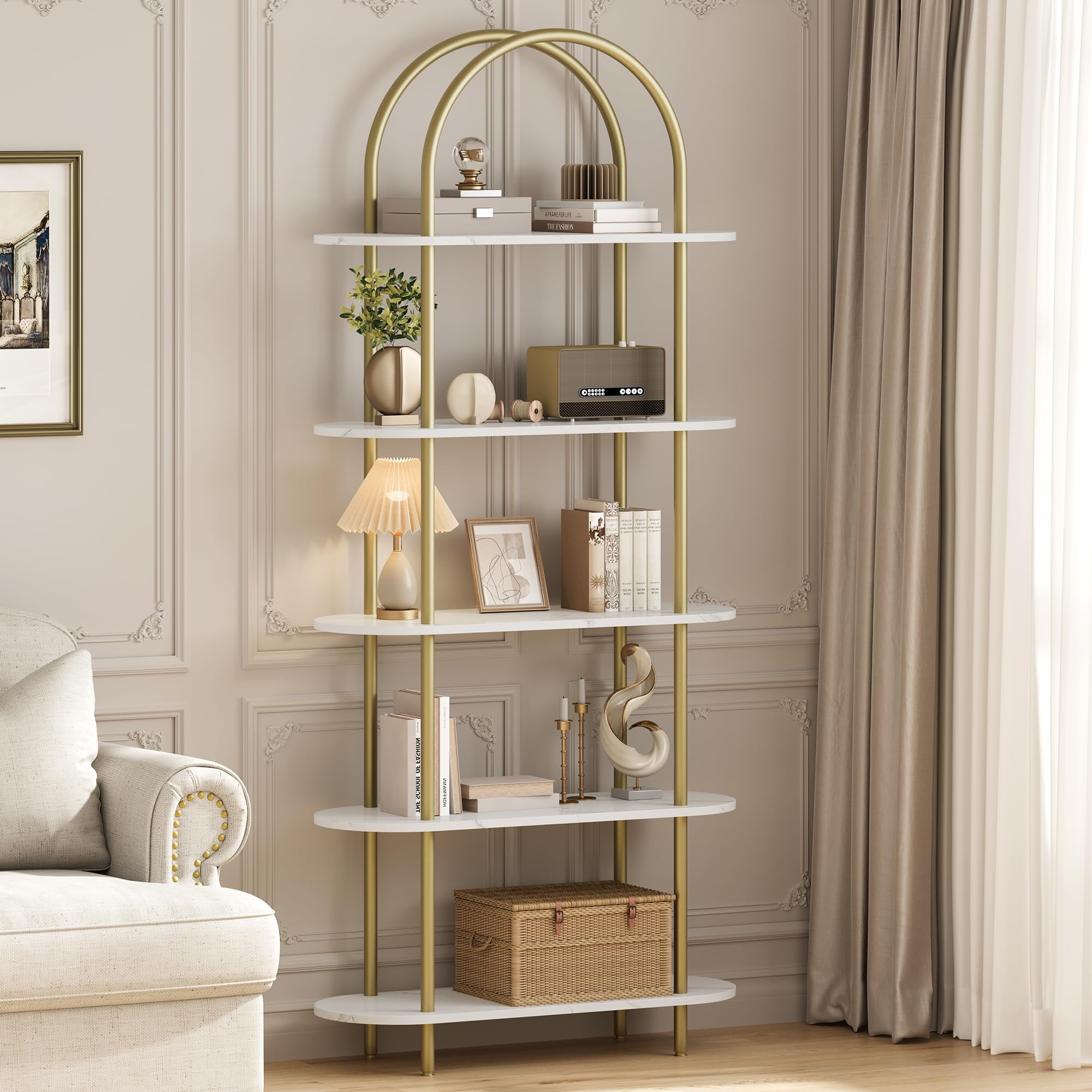 Kojooin 71" Bookshelf 5 Tier Bookcase Arched Display Racks Tall ...