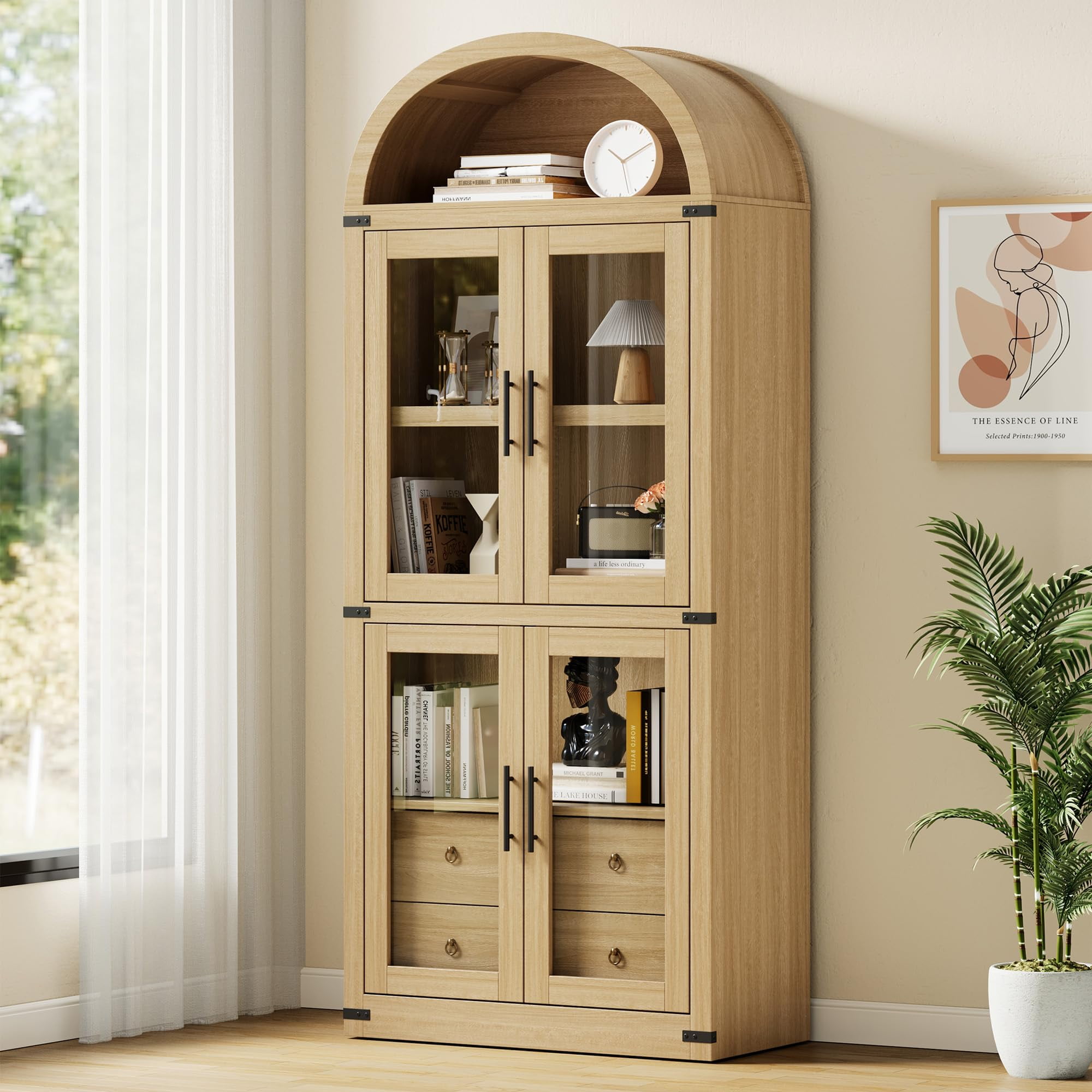 Kojooin Arched Bookshelf with Doors and Drawers Farmhouse Bookcase 15 ...