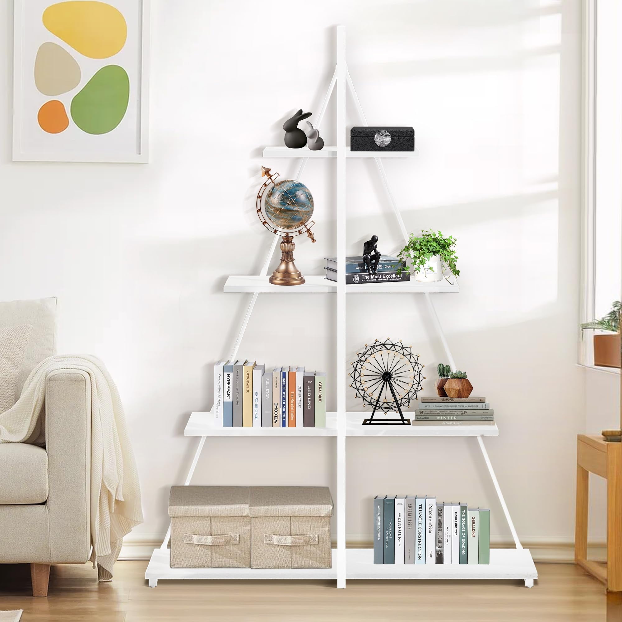 Kojooin Book Shelf, 4 Tier Ladder Shelf, Ladder Bookcase with Sailboat ...
