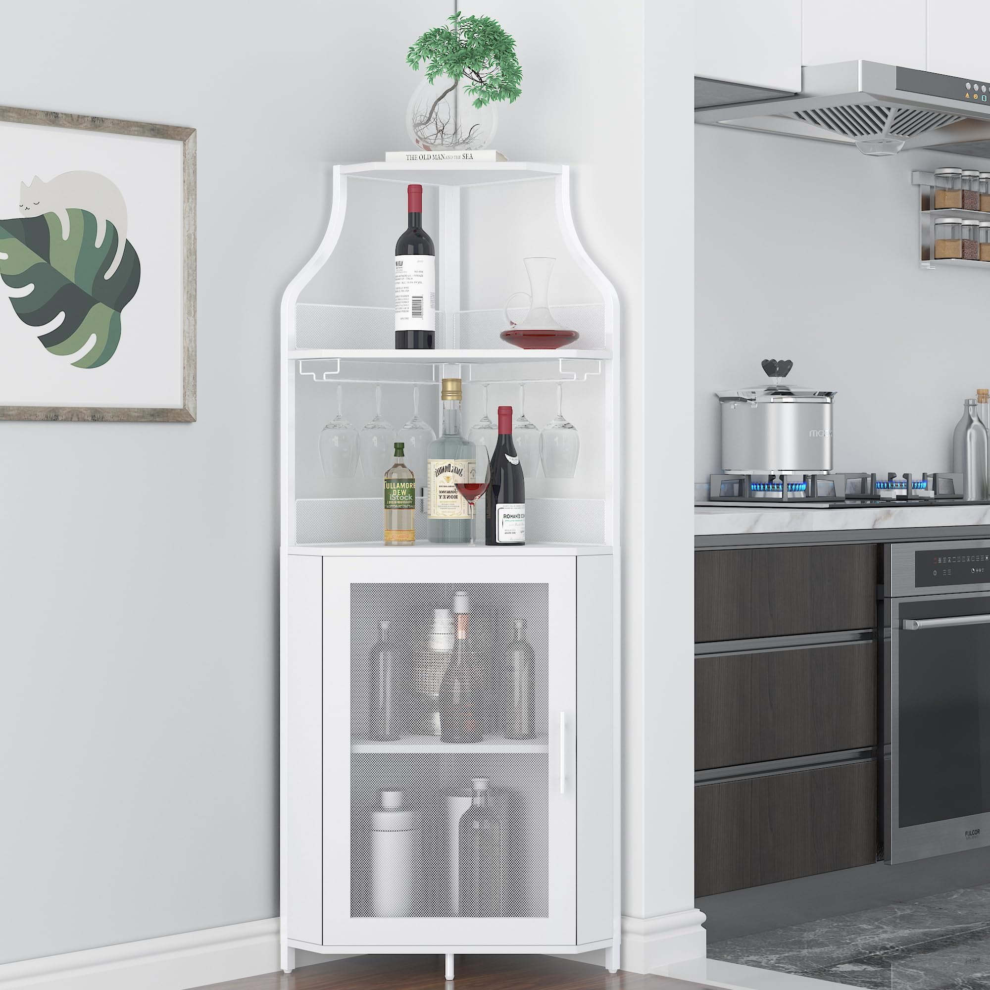 Kojooin Farmhouse Wine Bar Corner Cabinet with Storage, Small Buffet ...