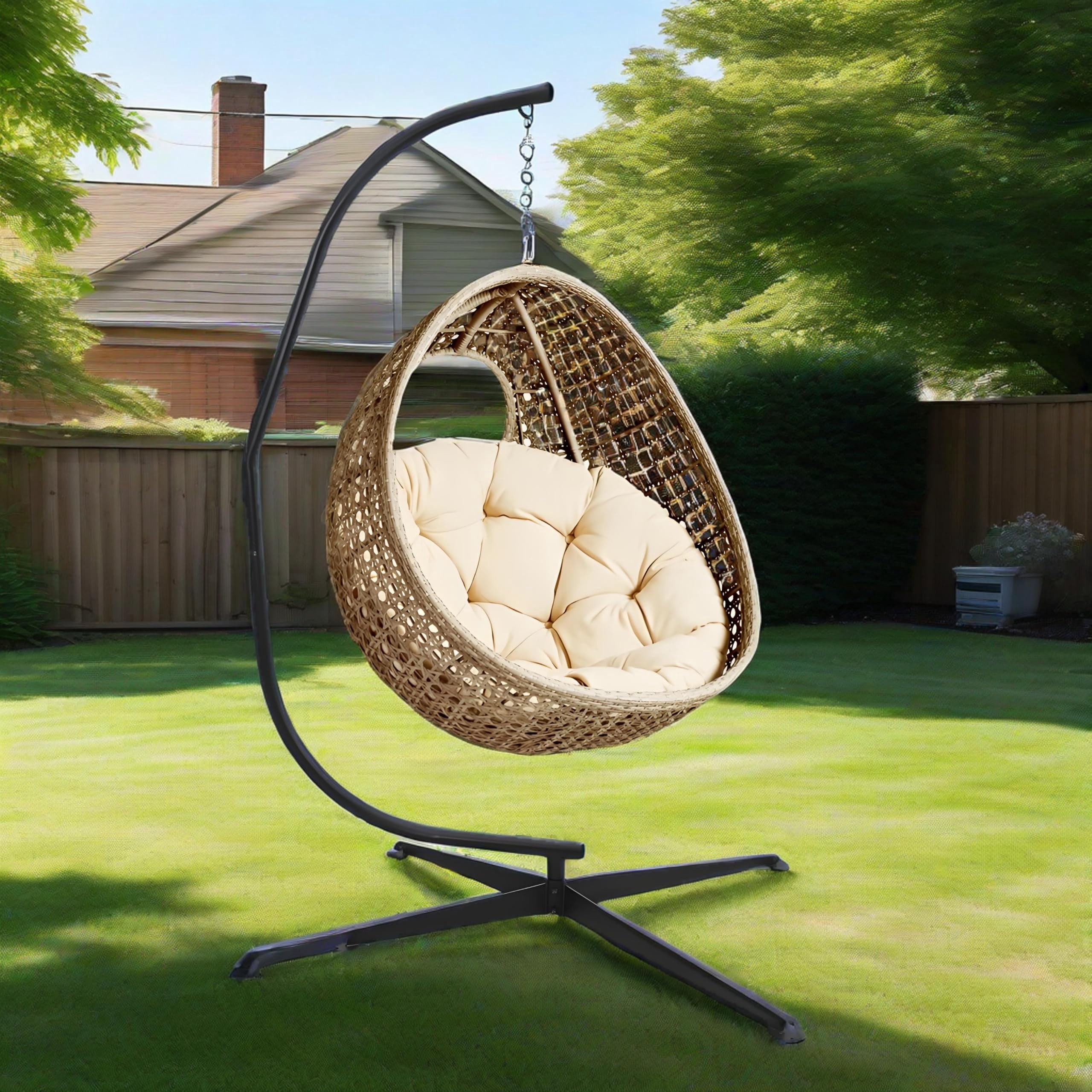 Kojooin Foldable Egg Swing Chair with Stand – Rattan Wicker Hanging ...