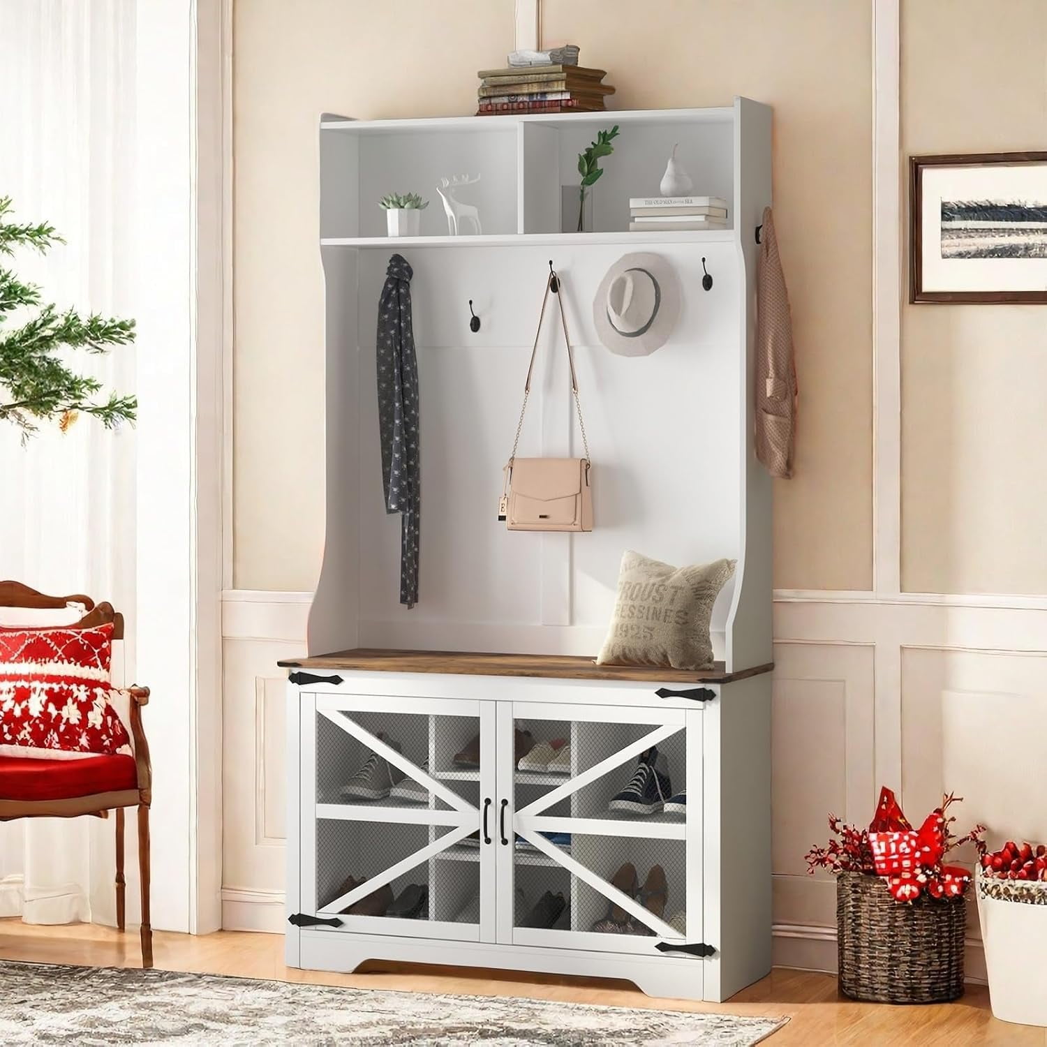 Kojooin Hall Tree with Shoe Storage - 4-in-1 Entryway Coat Rack with 7 ...