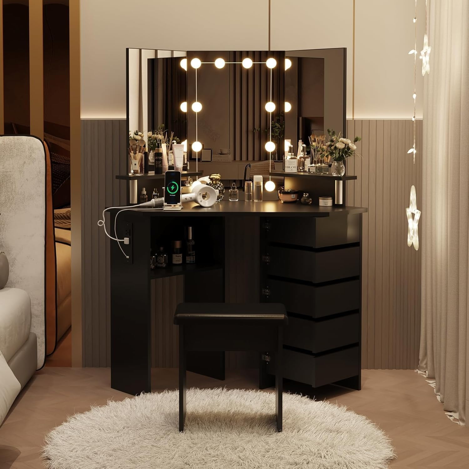 Kojooin Makeup Vanity Desk with Lights & Power Outlet, Corner Vanity ...