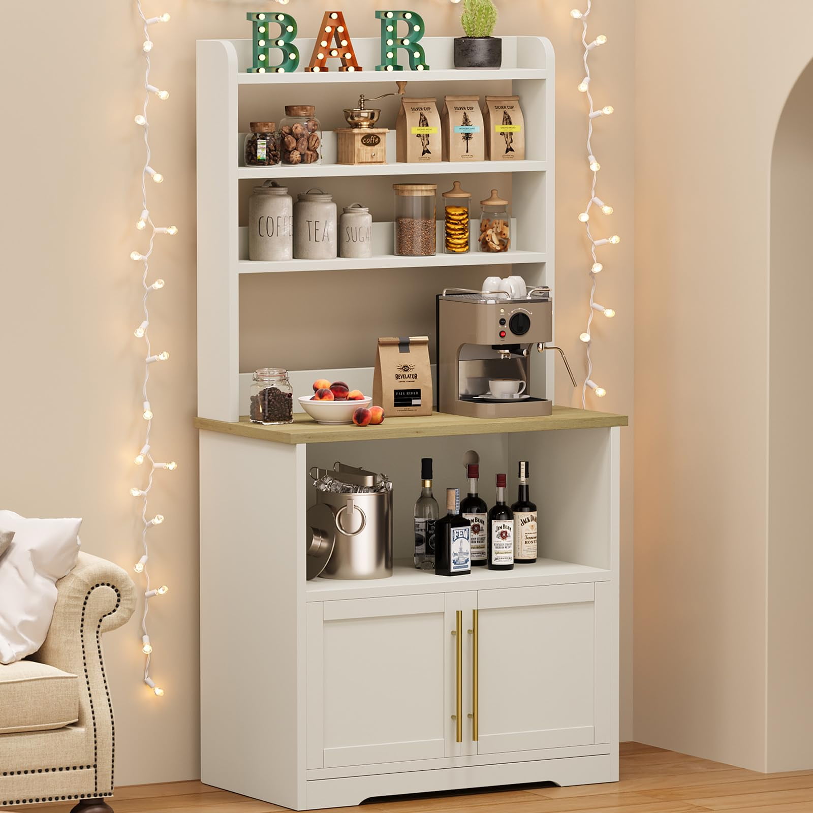 Kojooin Microwave Stand Bakers Rack Cabinet, Farmhouse Bakers Rack with ...