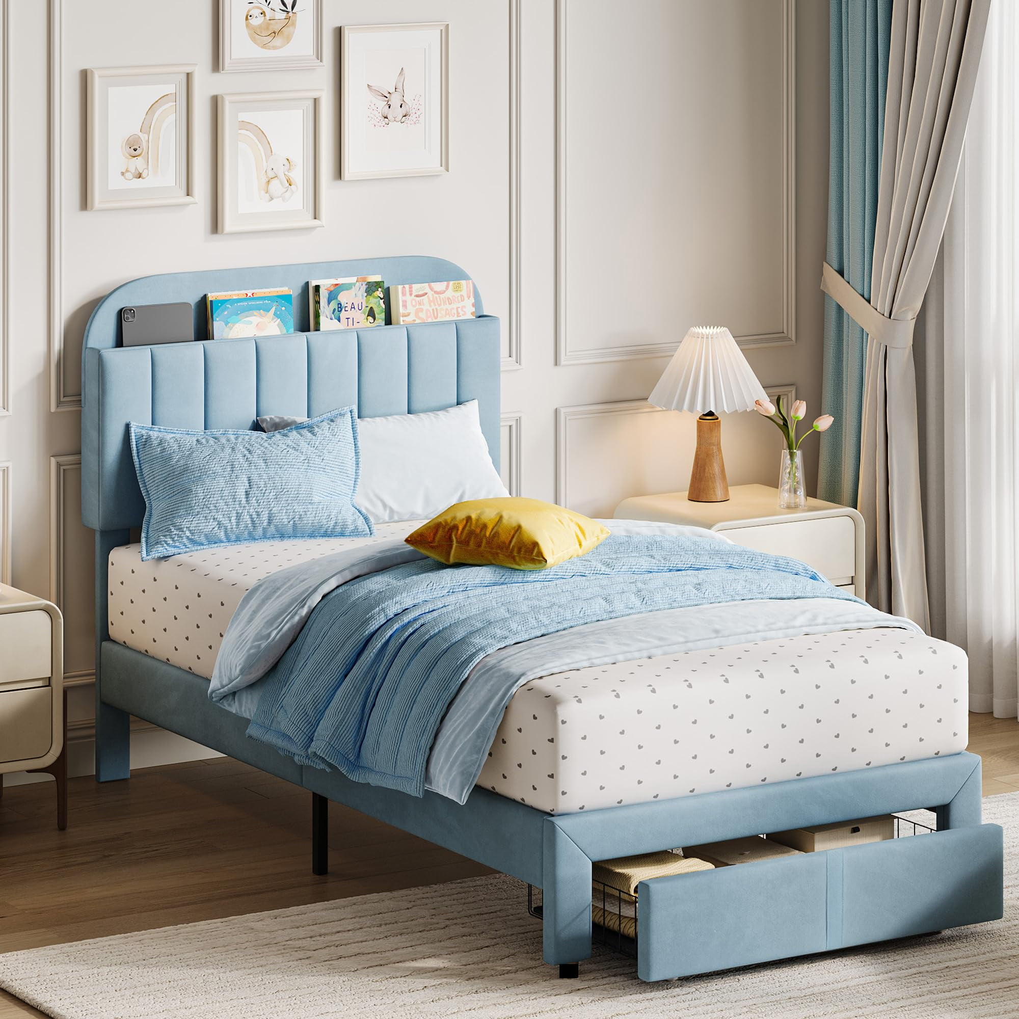 Kojooin Modern Twin Bed Frame with Storage: Velvet Upholstered Platform ...