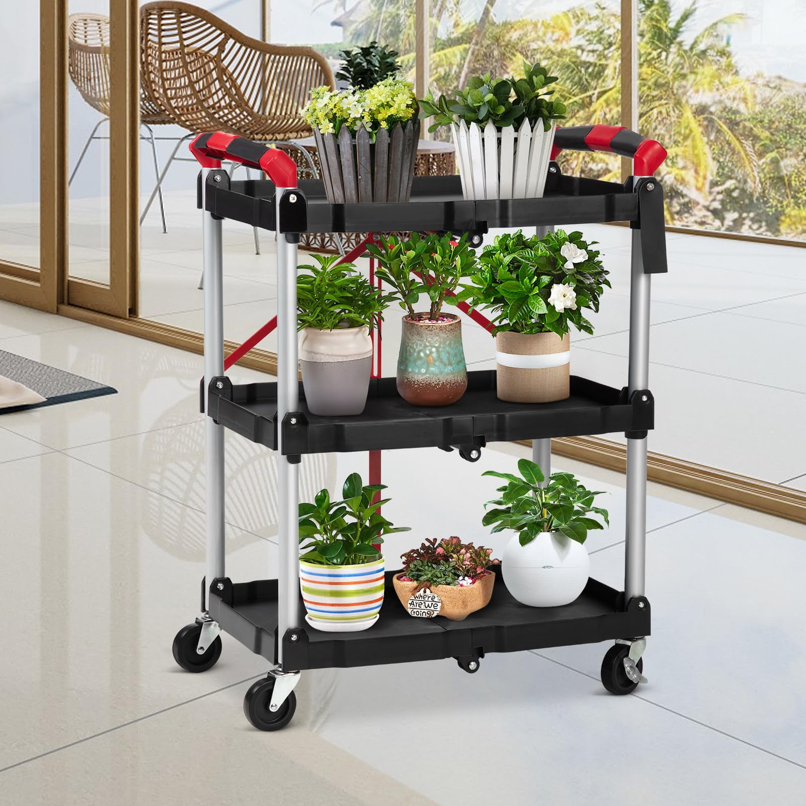 Kojooin Portable Folding Service Cart with Wheels, 3 Tier Rolling ...