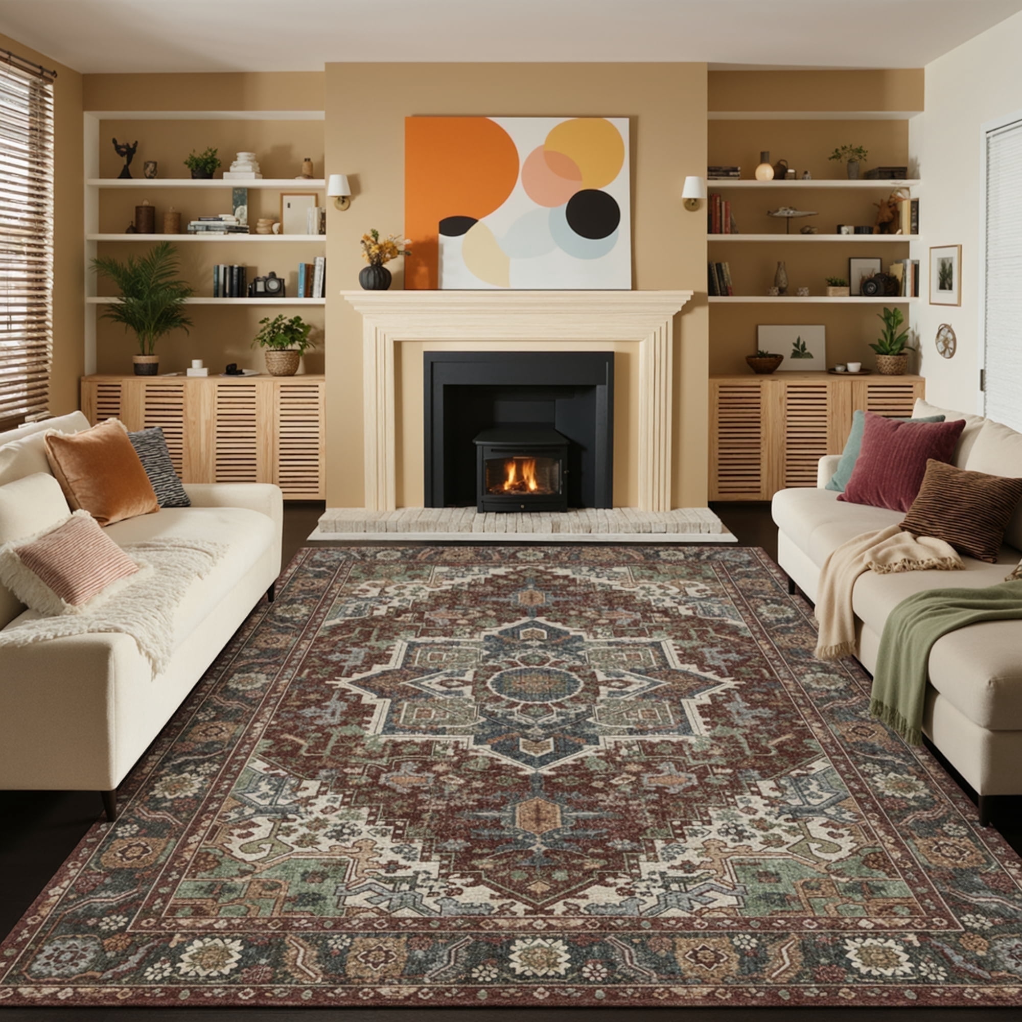 8x10 Vintage Oriental Area Rug for living Room, Maroon Low Pile Stain ...