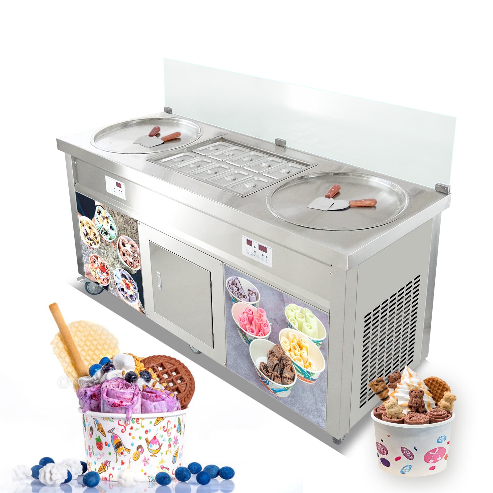 Kolice Commercial 22" Double Round Pans Fried Ice Cream Machine with 10 ...