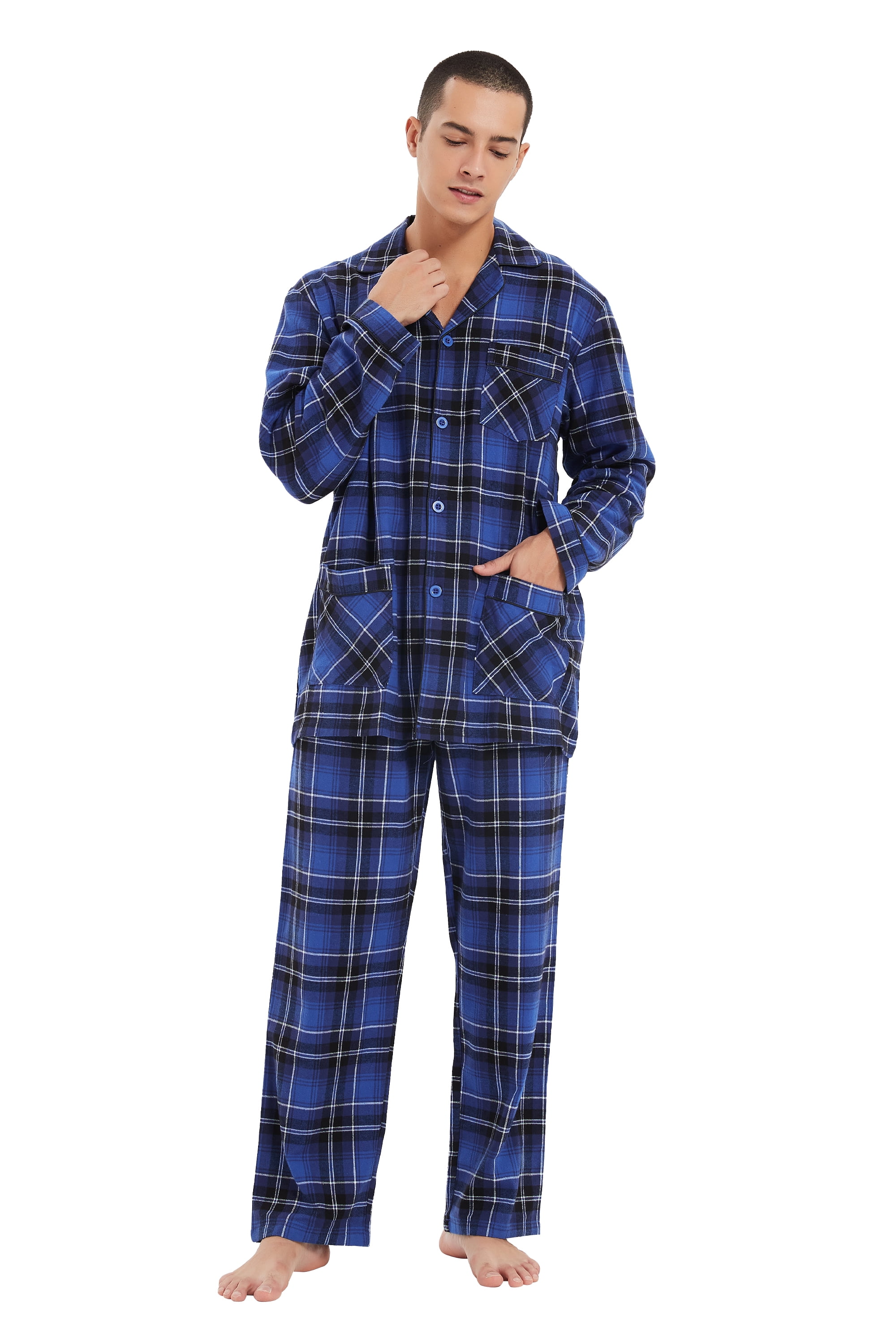 Kolipajam Men's 100% Cotton Flannel Pajama Set Yarn Dyed Pjs for Men Bottom with Pockets L ...