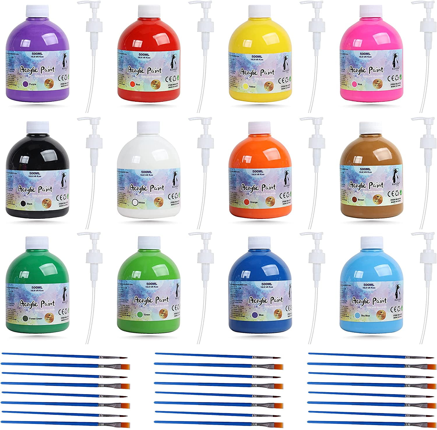 Koltose by Mash - Acrylic Paint, 16.9 oz (500ml) with Pumps, Set of 12 ...