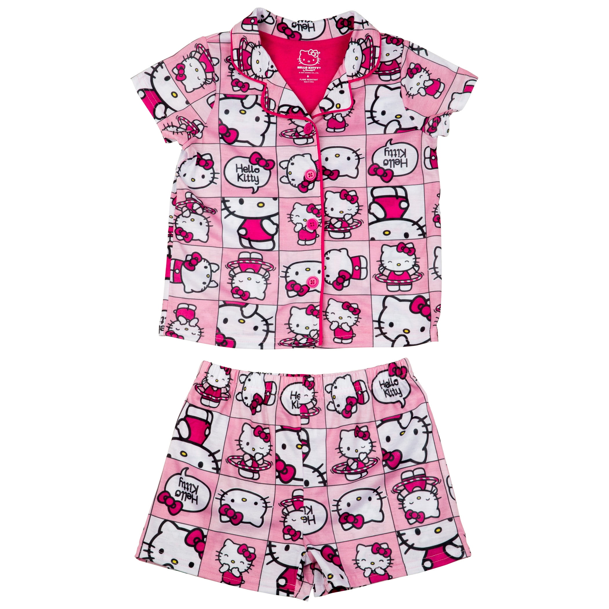 Komar Kids Girls Hello Kitty Pink Blocks Notch Collar Girls Shortie ...