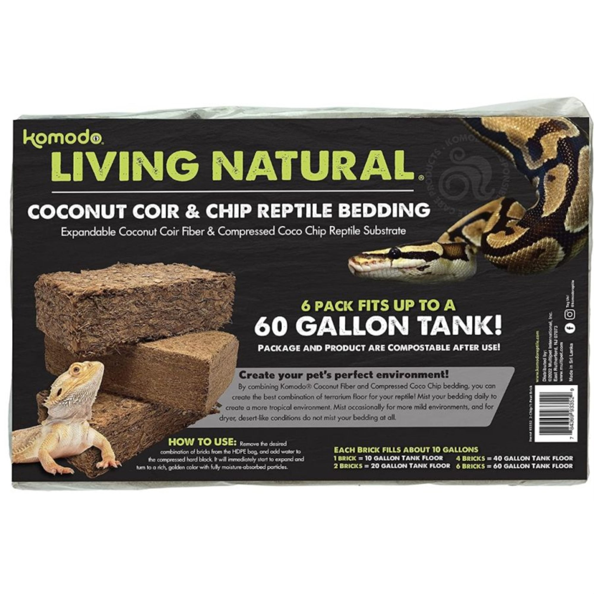 Komodo Living Natural Coconut Coir & Chip Reptile Bedding Brick, 1 Each ...