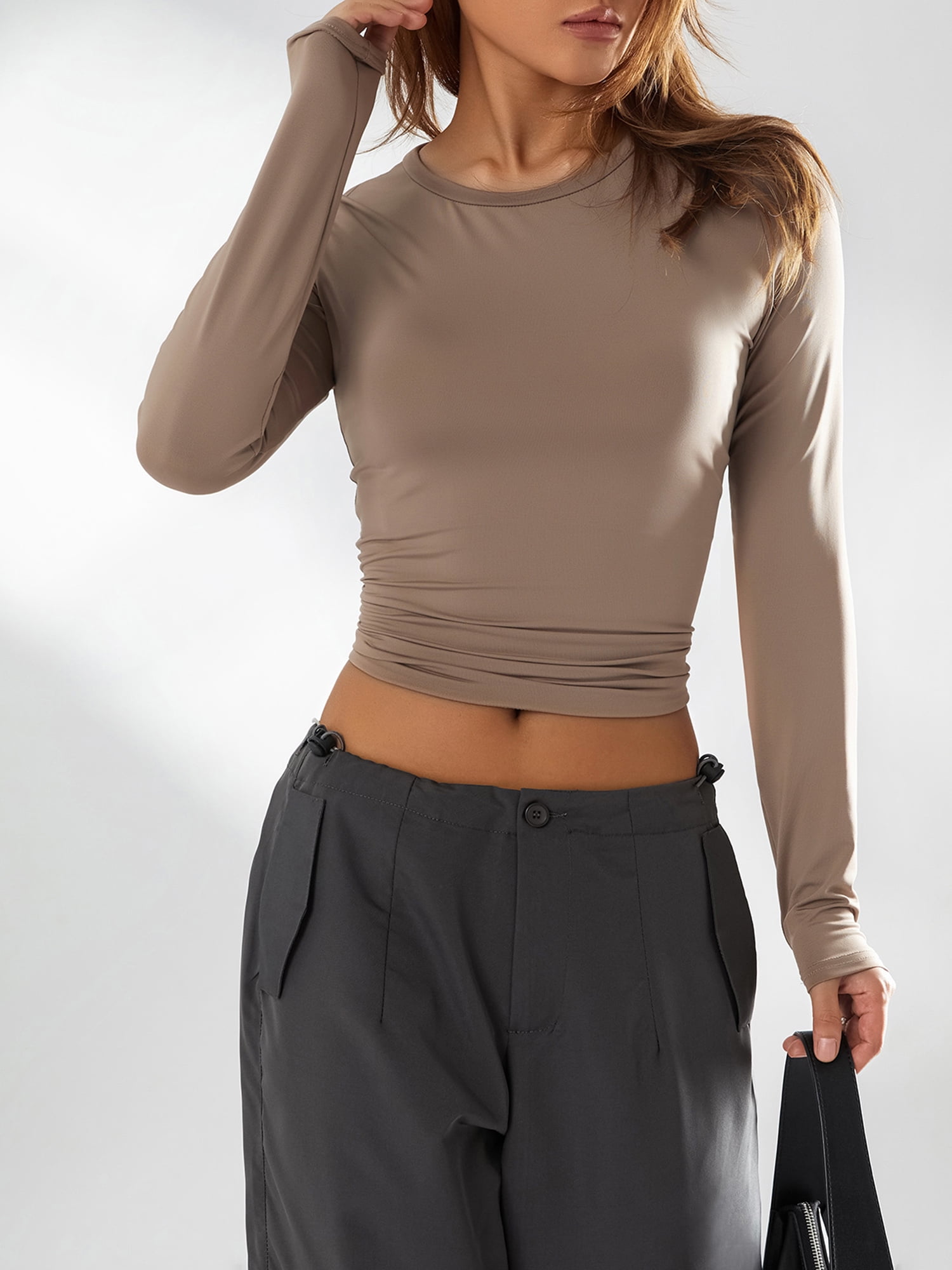 Komoo Fall Casual Slim Fit Basic Crop Tops Solid Long Sleeve Crew Neck Crop Tee Top Tight Tee ...