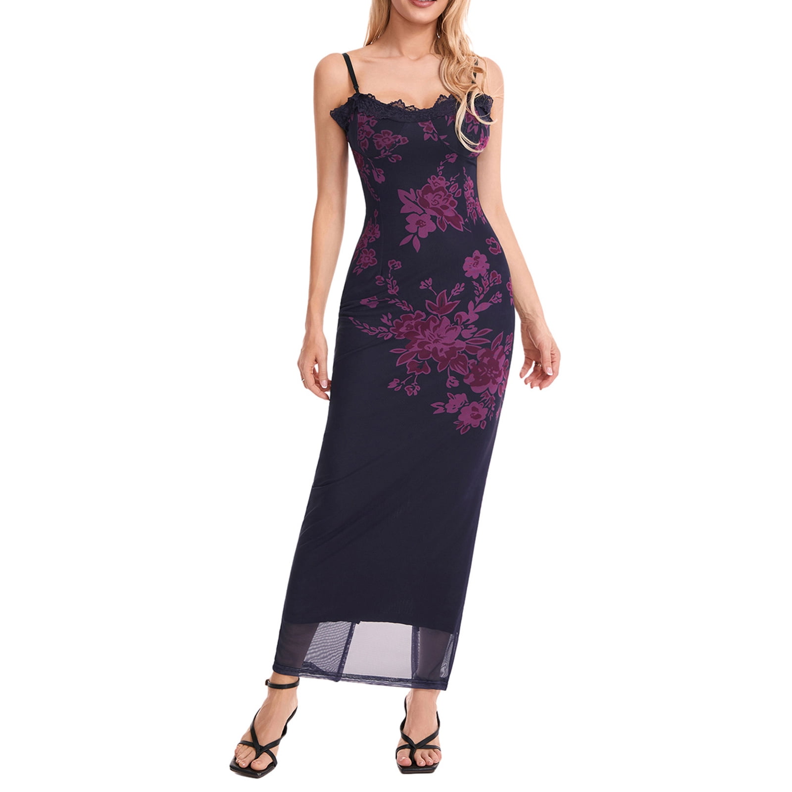 Komoo Spaghetti Strap Dresses for Women Vintage Floral Print Lace Trim ...