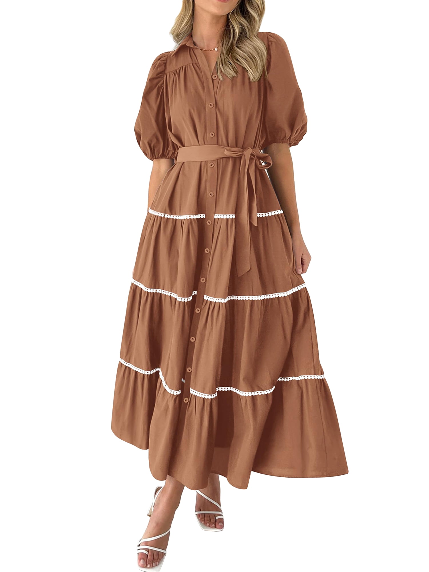 Komoo Women 2024 Summer Dress Puffy Sleeve Button Down Shirt Dress ...