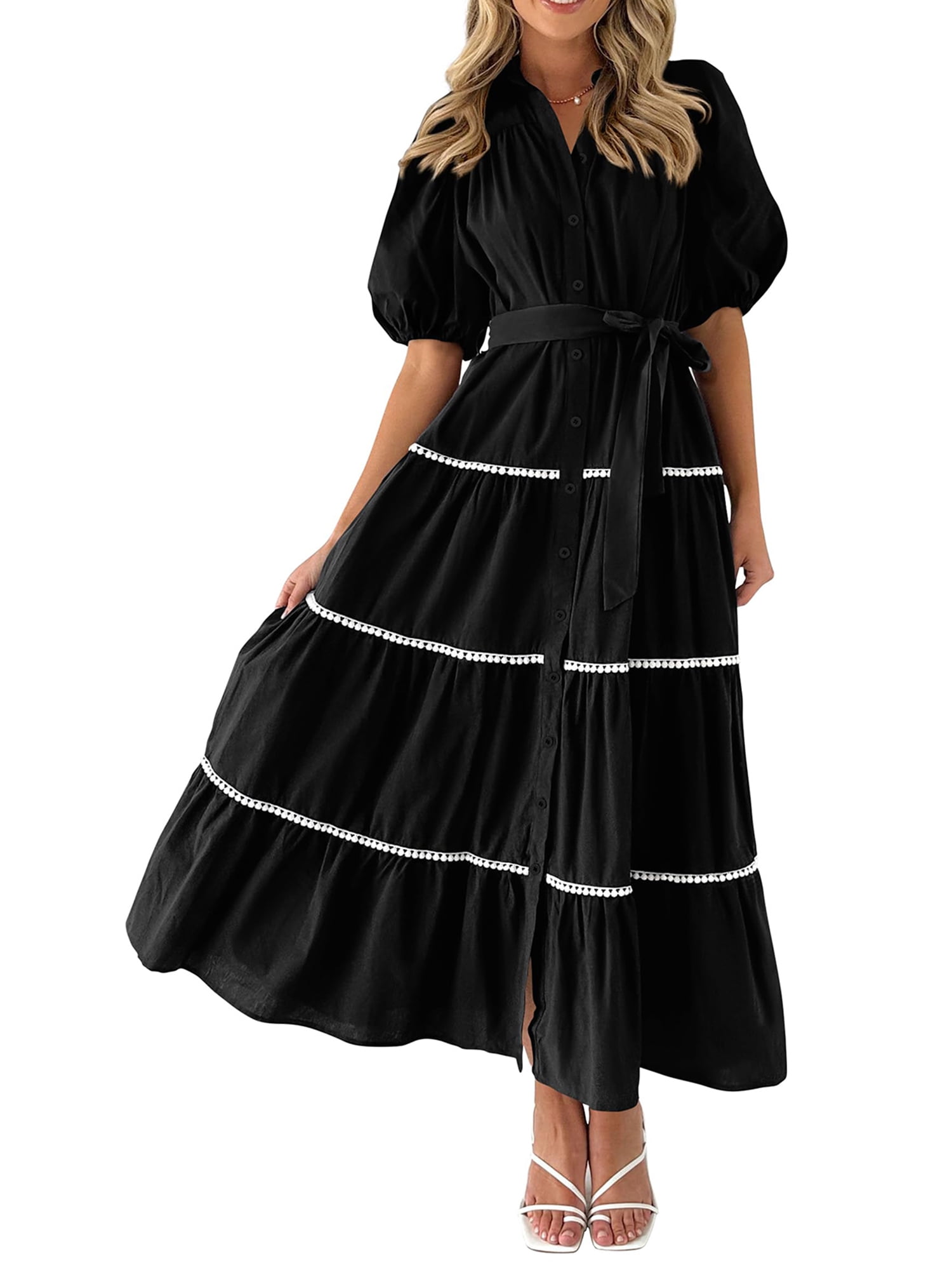 Komoo Women 2024 Summer Dress Puffy Sleeve Button Down Shirt Dress Tiered Ruffle Flowy Long ...