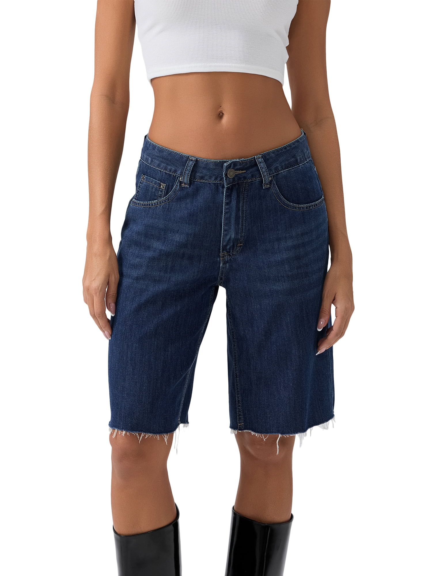 Komoo Women Baggy Denim Shorts High Waisted Wide Leg Long Jean Shorts ...