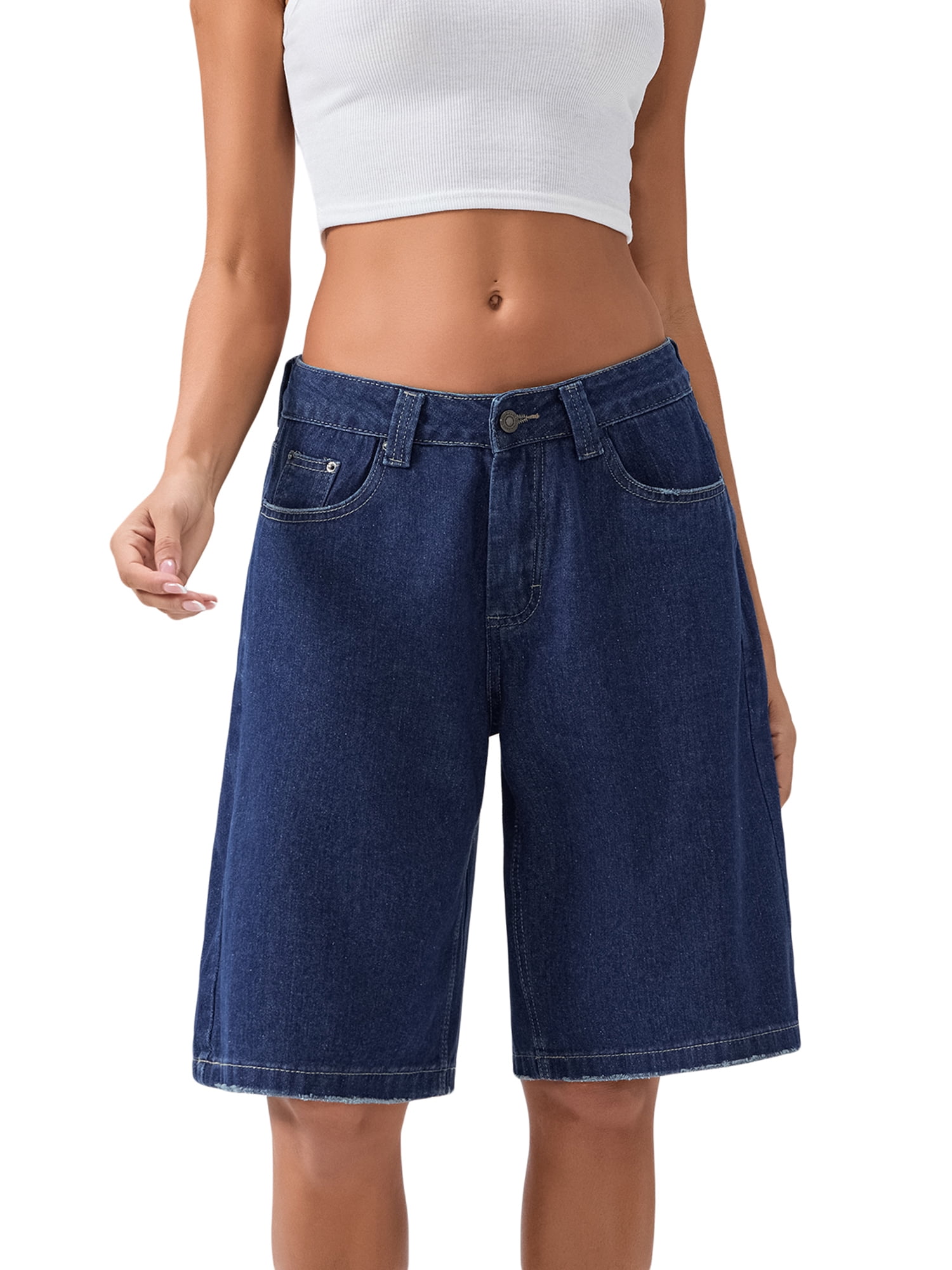 Komoo Women Baggy Denim Shorts High Waisted Wide Leg Long Jean Shorts ...